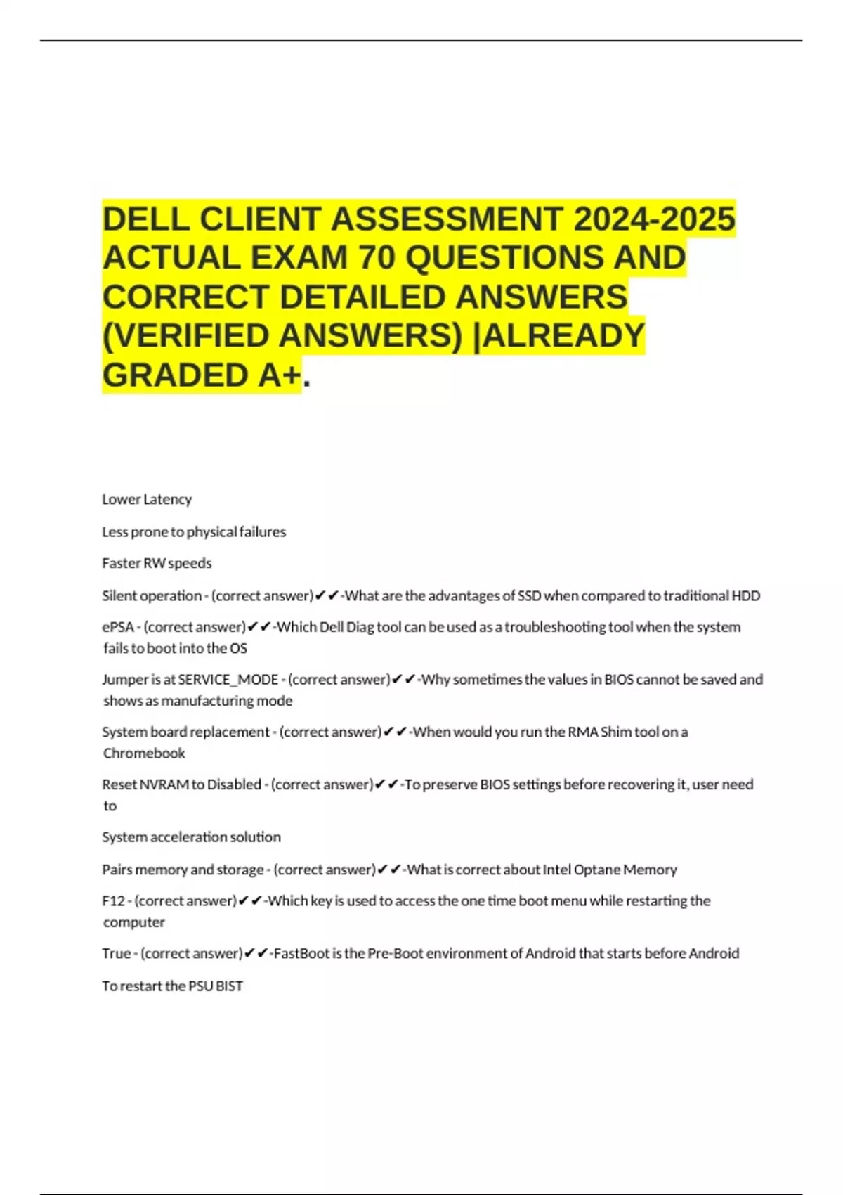 DELL CLIENT ASSESSMENT ACTUAL EXAM 70 QUESTIONS AND CORRECT DETAILED ...
