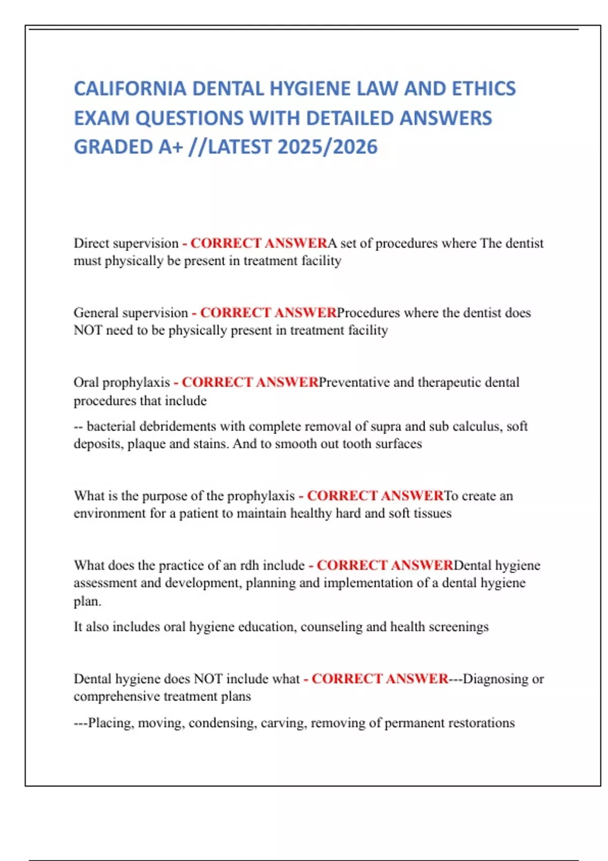CALIFORNIA DENTAL HYGIENE LAW AND ETHICS EXAM QUESTIONS WITH DETAILED ...
