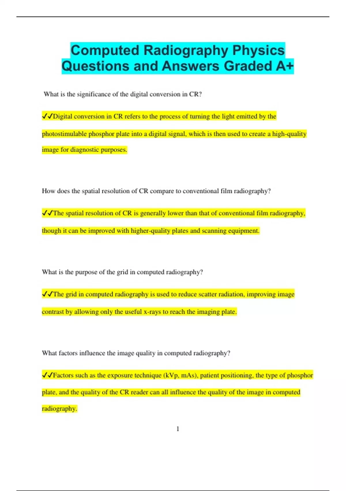 Computed Radiography Physics Questions and Answers Graded A+ - Computed ...