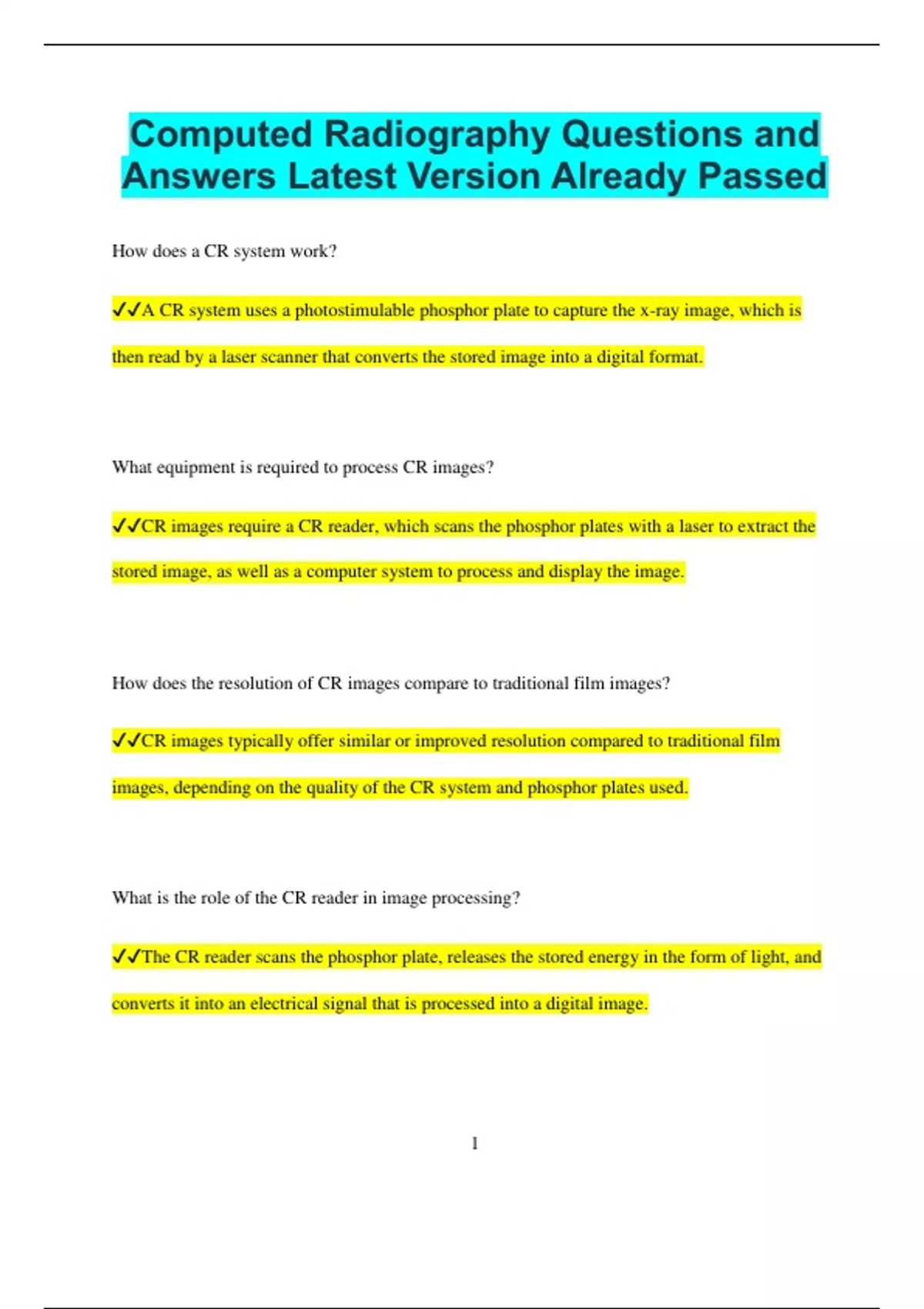 Computed Radiography Questions and Answers Latest Version Already ...