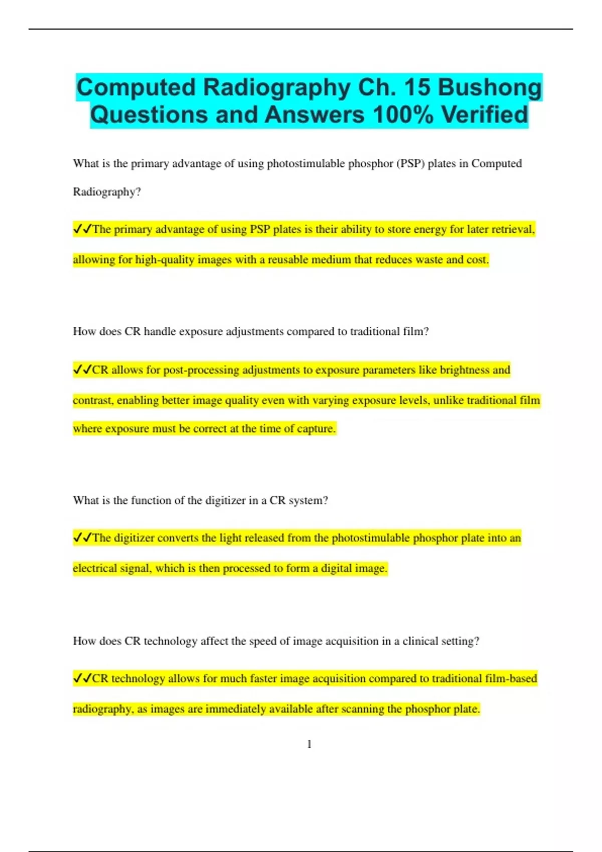 Computed Radiography Ch. 15 Bushong Questions and Answers 100% Verified - Computed Radiography ...