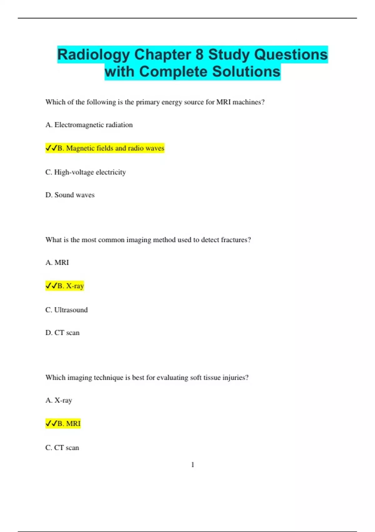 Radiology Chapter 8 Study Questions with Complete Solutions - Radiology ...
