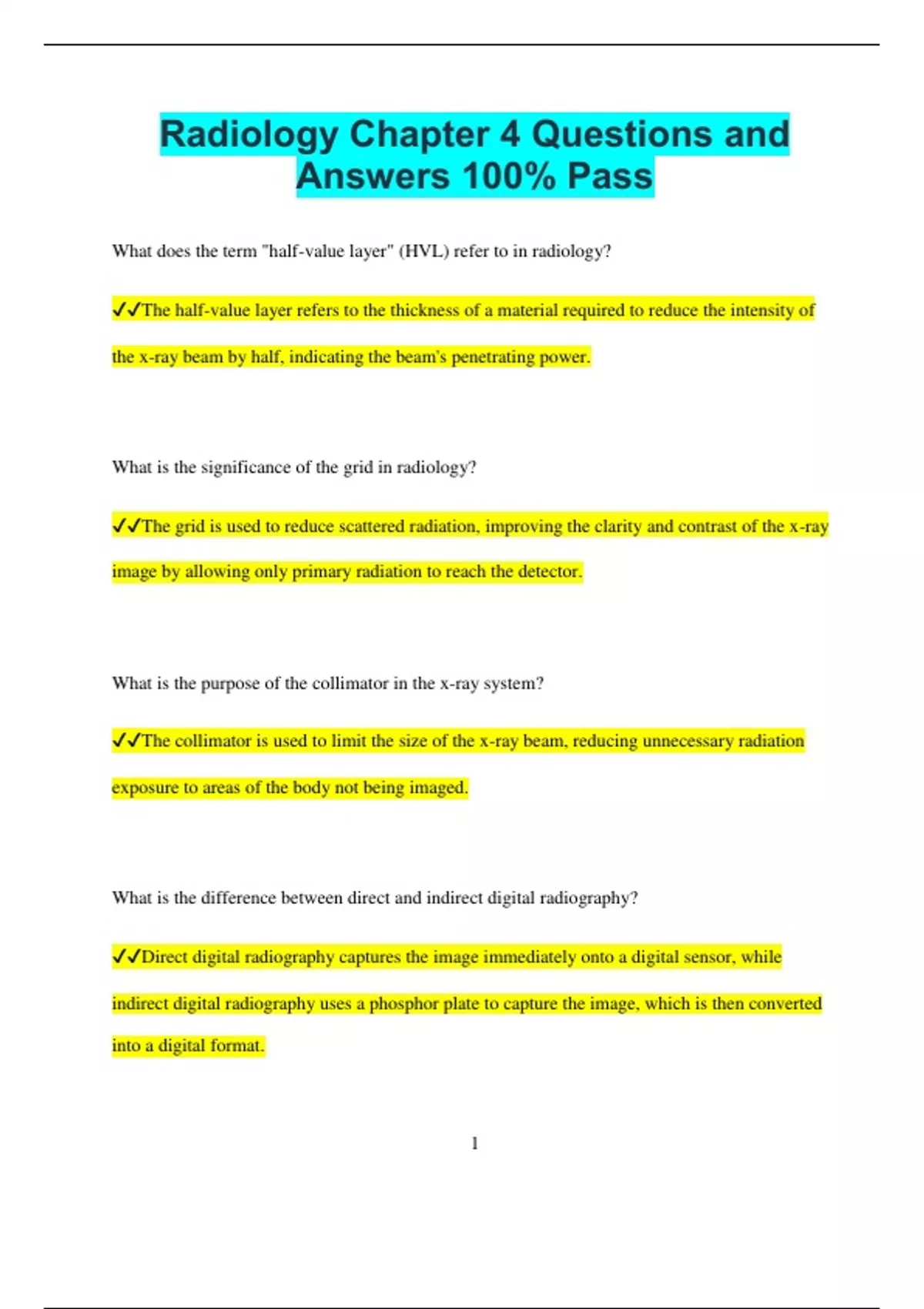 Radiology Chapter 4 Questions and Answers 100% Pass - Radiology Chapter ...