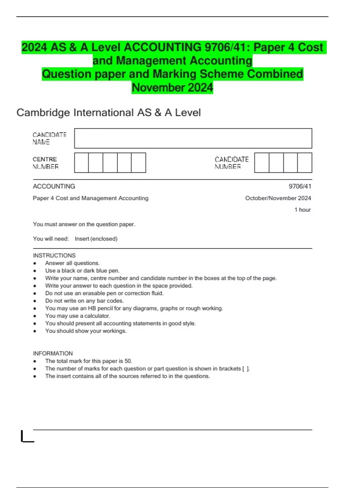 2024 AS & A Level ACCOUNTING 9706/41: Paper 4 Cost and Management ...