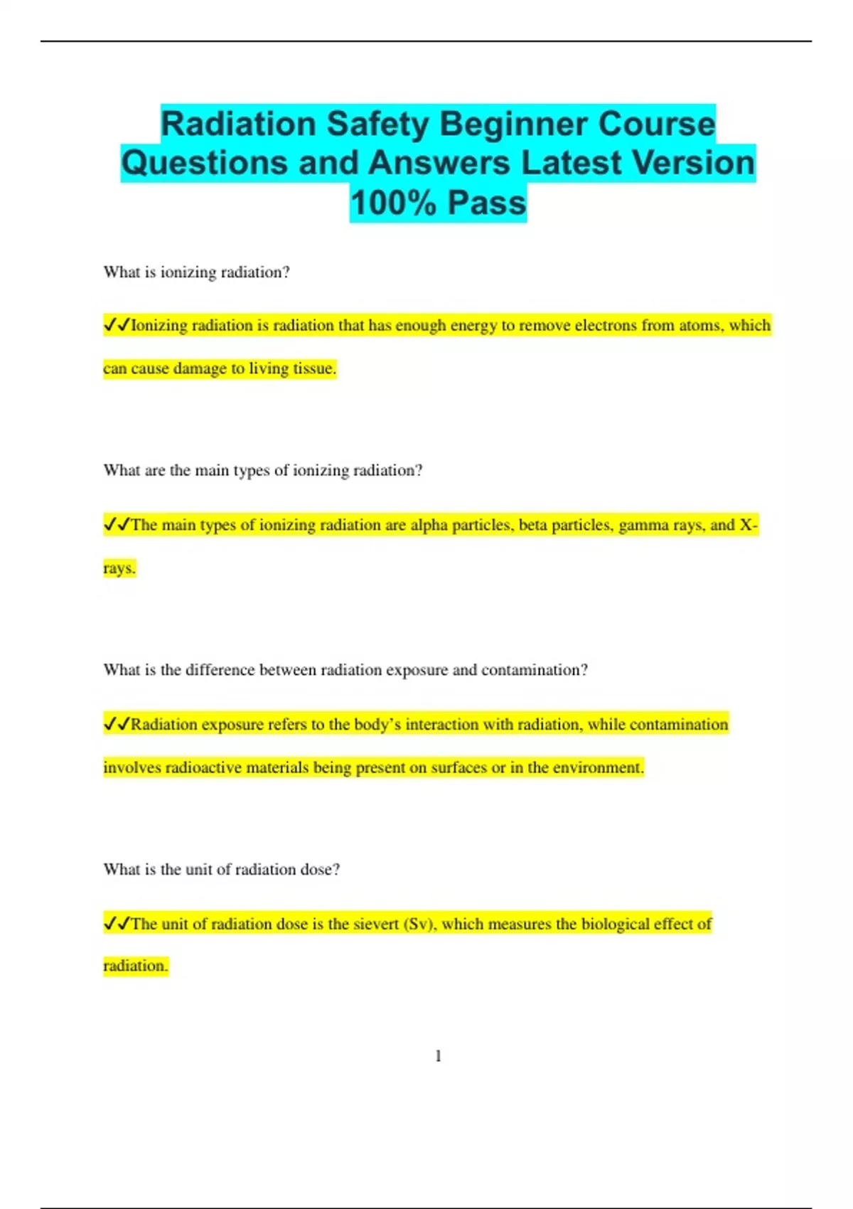 Radiation Safety Beginner Course Questions and Answers Latest Version ...