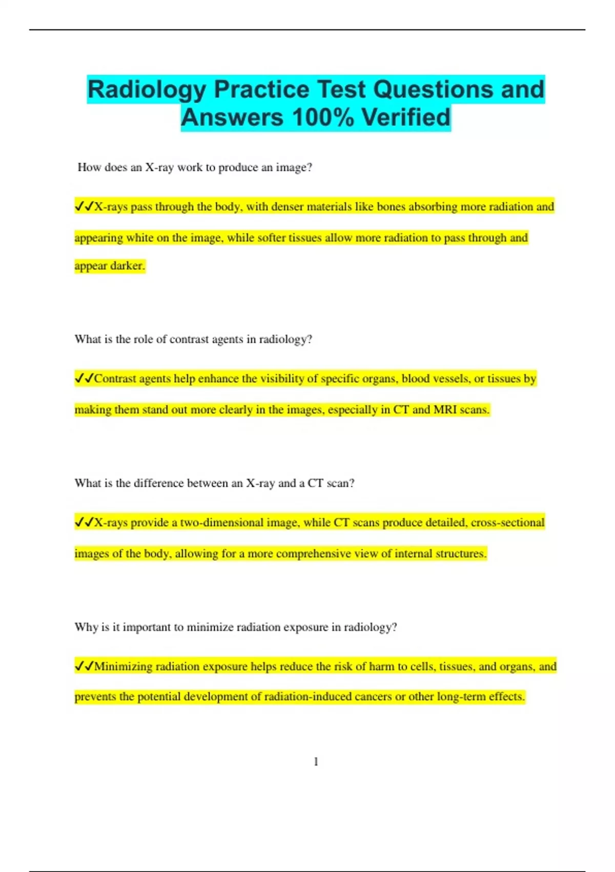 Radiology Practice Test Questions and Answers 100% Verified - Radiology ...