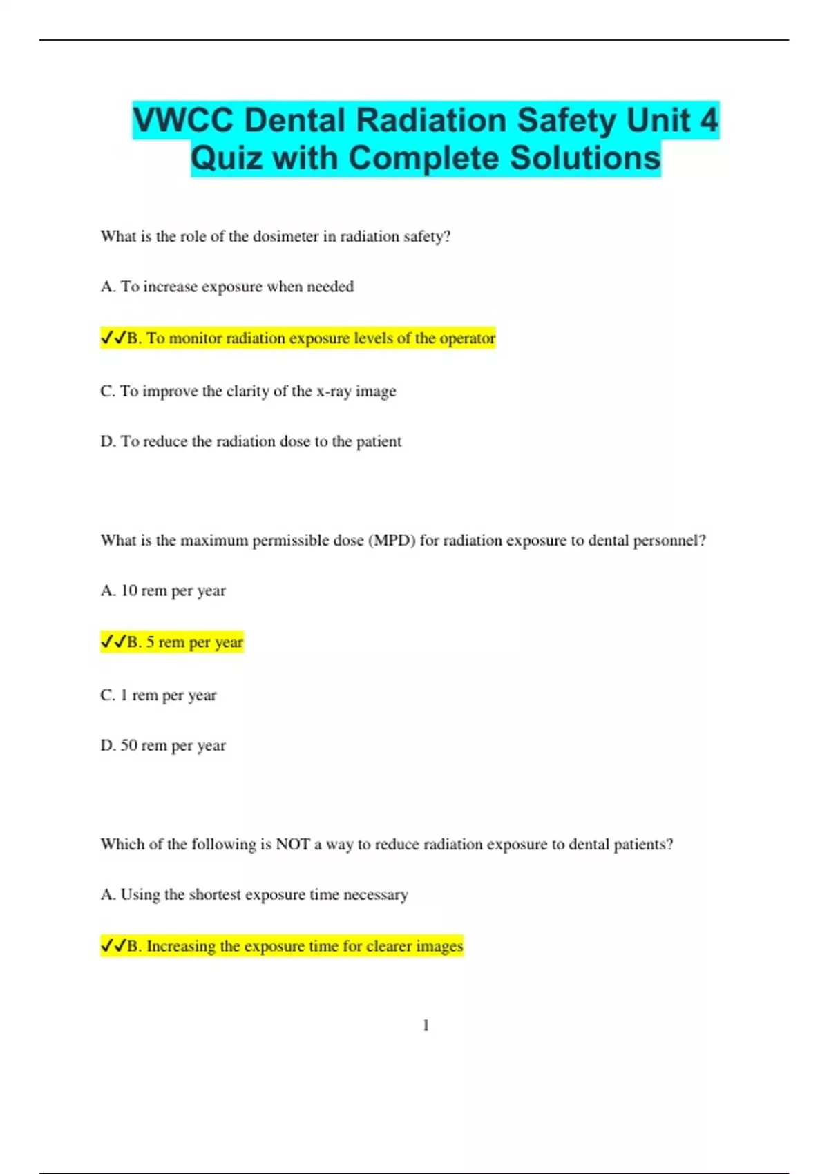 VWCC Dental Radiation Safety Unit 4 Quiz with Complete Solutions - VWCC ...