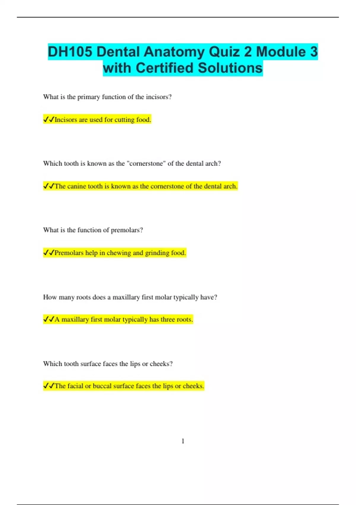 DH105 Dental Anatomy Quiz 2 Module 3 with Certified Solutions - DH105 ...