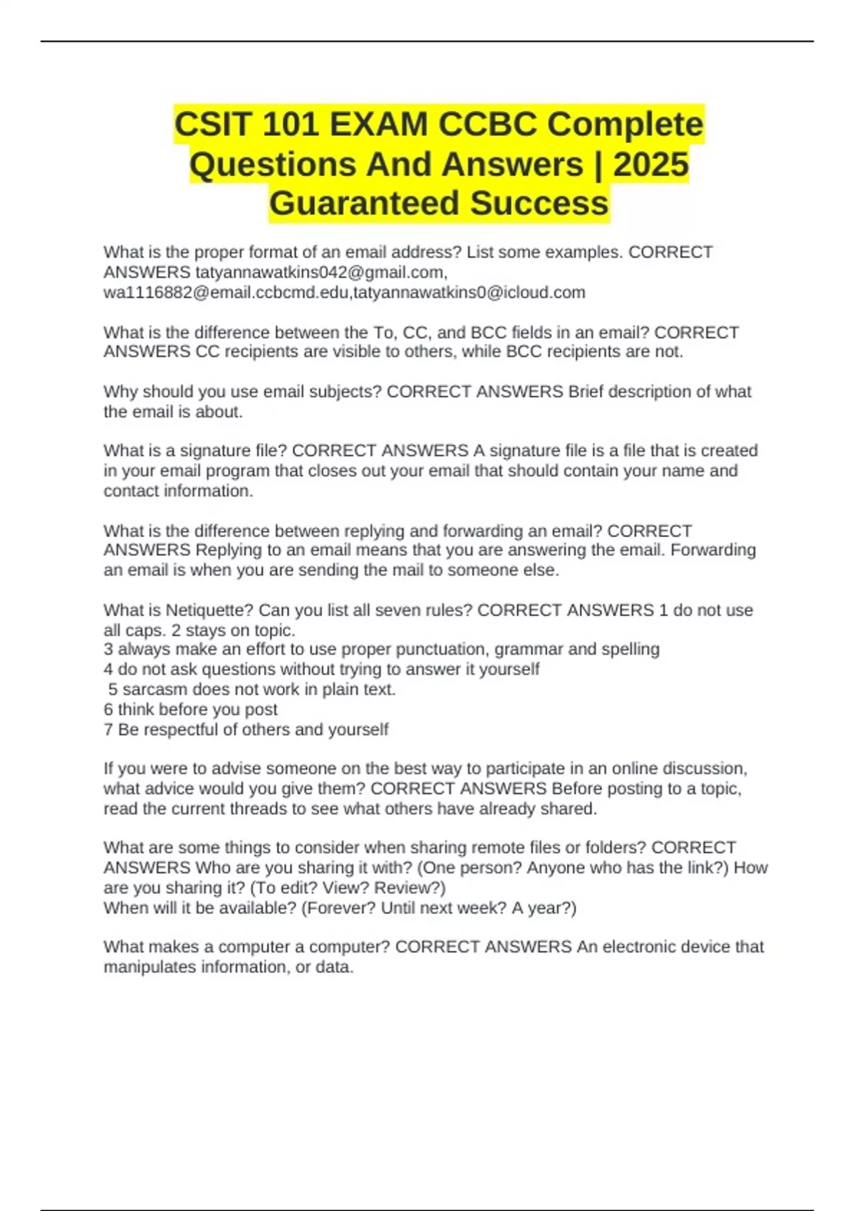 CSIT 101 EXAM CCBC Complete Questions And Answers | 2025 Guaranteed Success - CCBC - Stuvia US