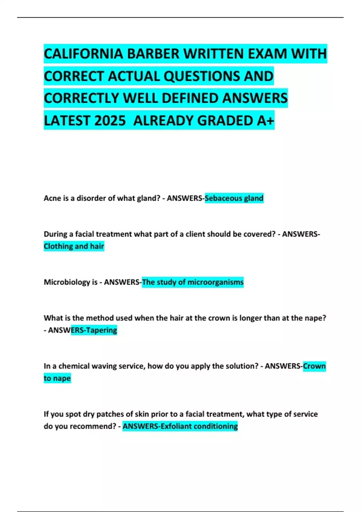 CALIFORNIA BARBER WRITTEN EXAM WITH CORRECT ACTUAL QUESTIONS AND ...