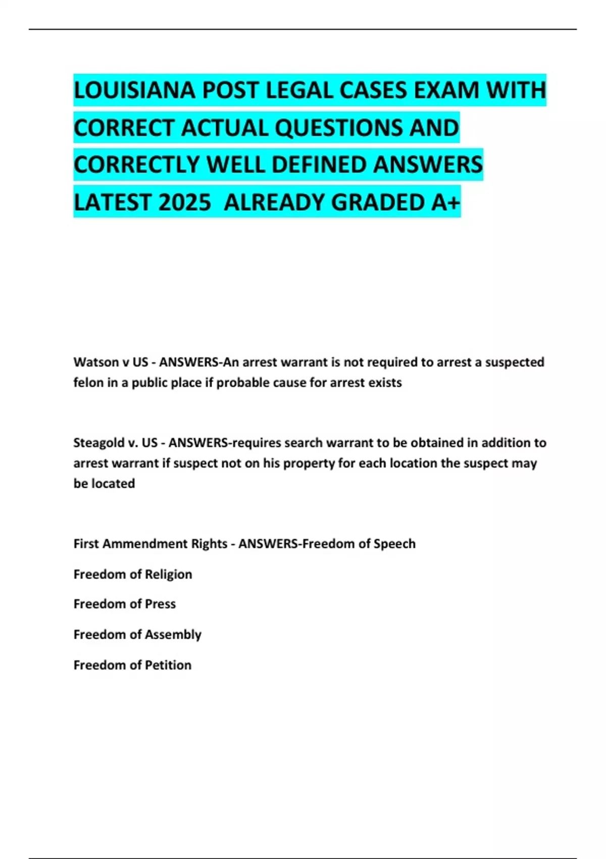 LOUISIANA POST LEGAL CASES EXAM WITH CORRECT ACTUAL QUESTIONS AND ...