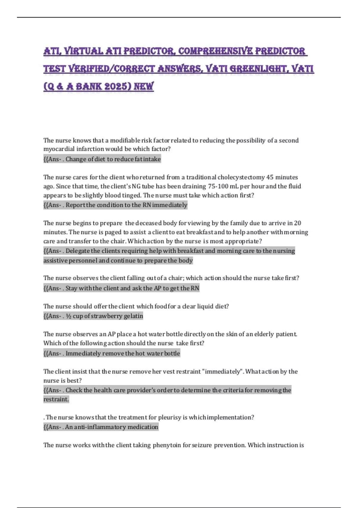 ATI, VIRTUAL ATI PREDICTOR, COMPREHENSIVE PREDICTOR TEST VERIFIED ...