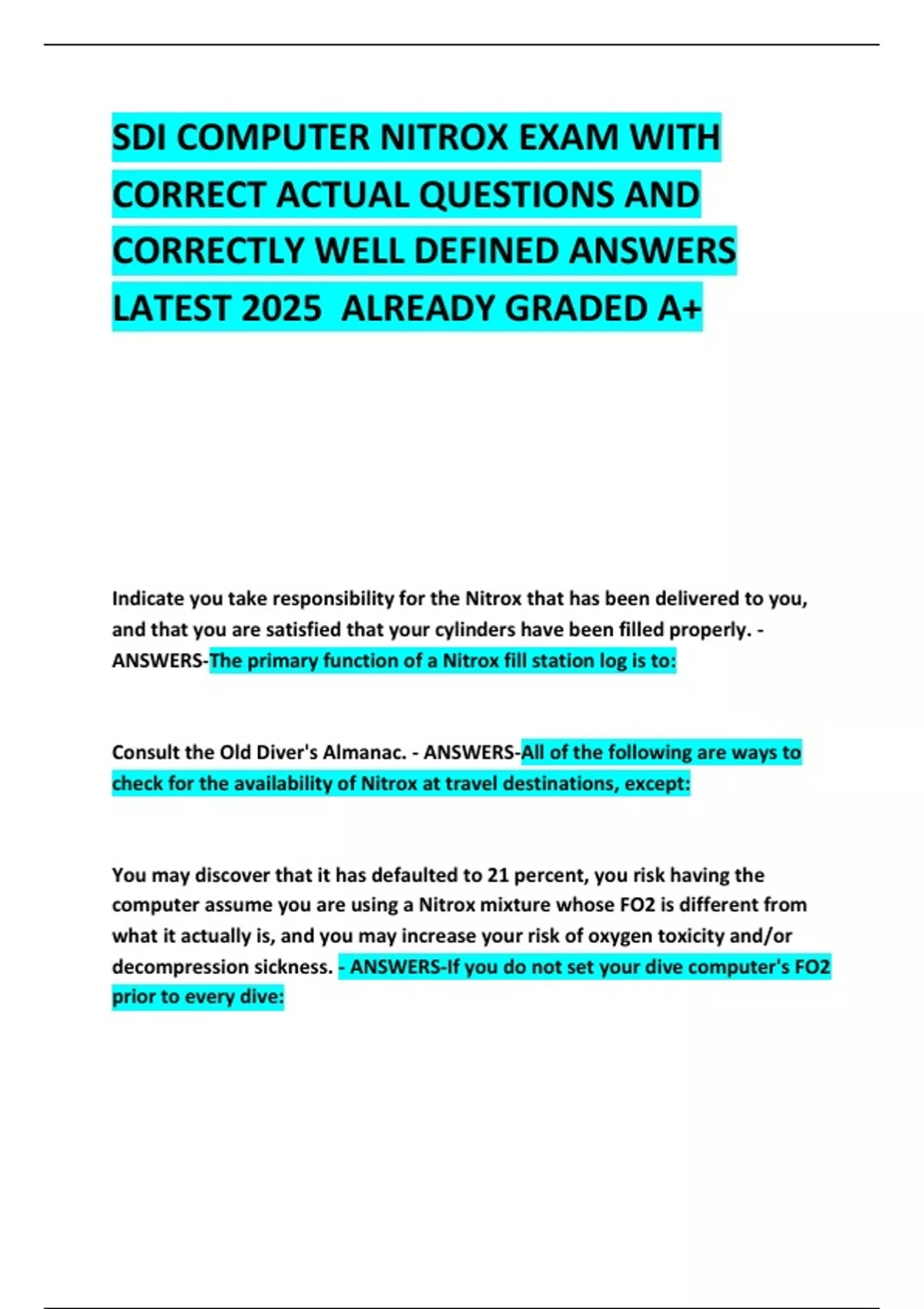 SDI COMPUTER NITROX EXAM WITH CORRECT ACTUAL QUESTIONS AND CORRECTLY ...