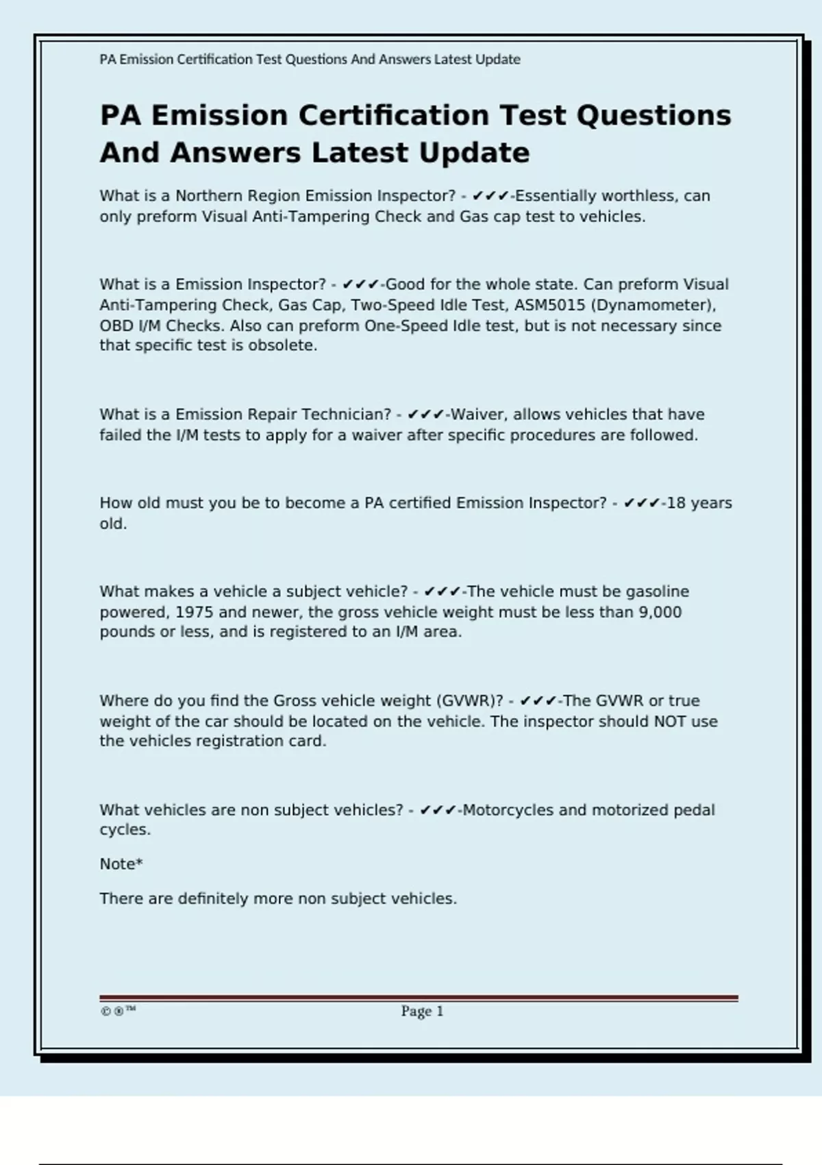 PA Emission Certification Test Questions And Answers Latest Update - PA ...