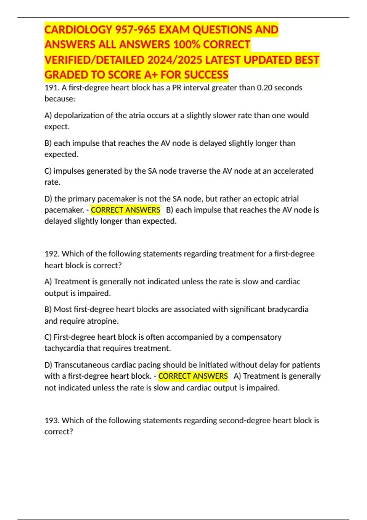 CARDIOLOGY 957-965 EXAM QUESTIONS AND ANSWERS ALL ANSWERS 100% CORRECT ...