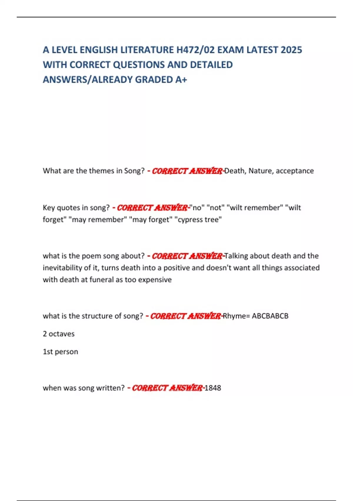 A LEVEL ENGLISH LITERATURE H472/02 EXAM LATEST 2025 WITH CORRECT ...