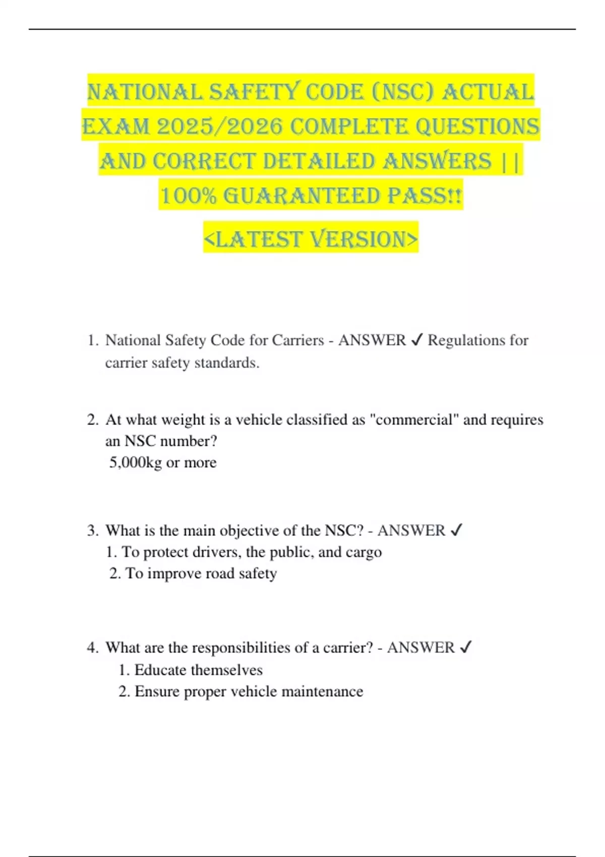 National Safety Code (NSC) ACTUAL EXAM 2025/2026 COMPLETE QUESTIONS AND CORRECT DETAILED ANSWERS ...