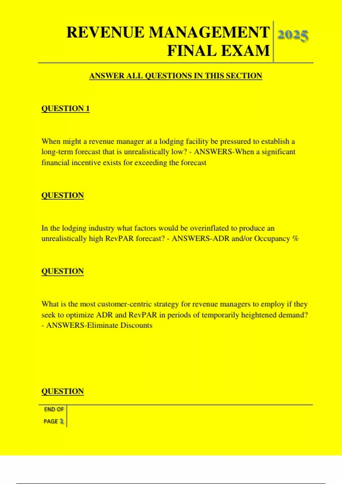 REVENUE MANAGEMENT FINAL EXAM QUESTIONS AND ANSWERS 2025 - REVENUE ...