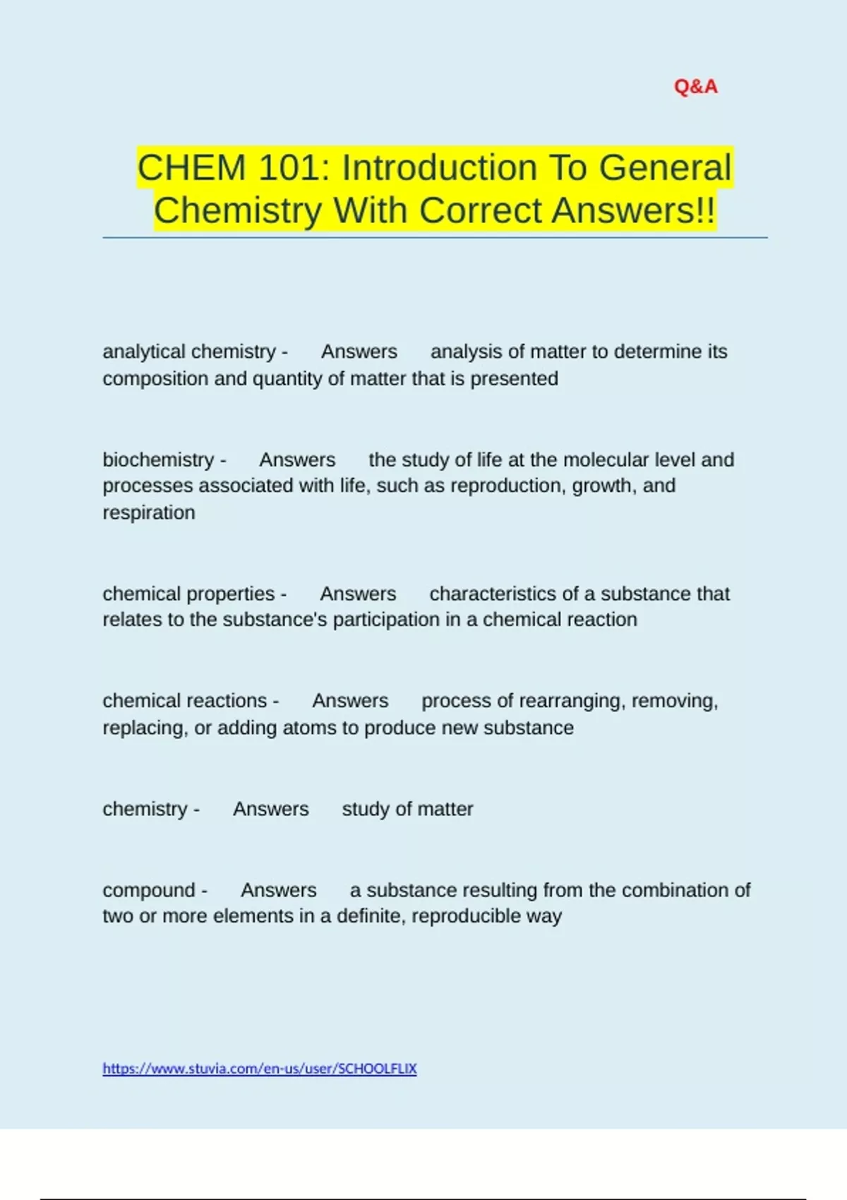 CHEM 101 Introduction To General Chemistry With Correct Answers ...