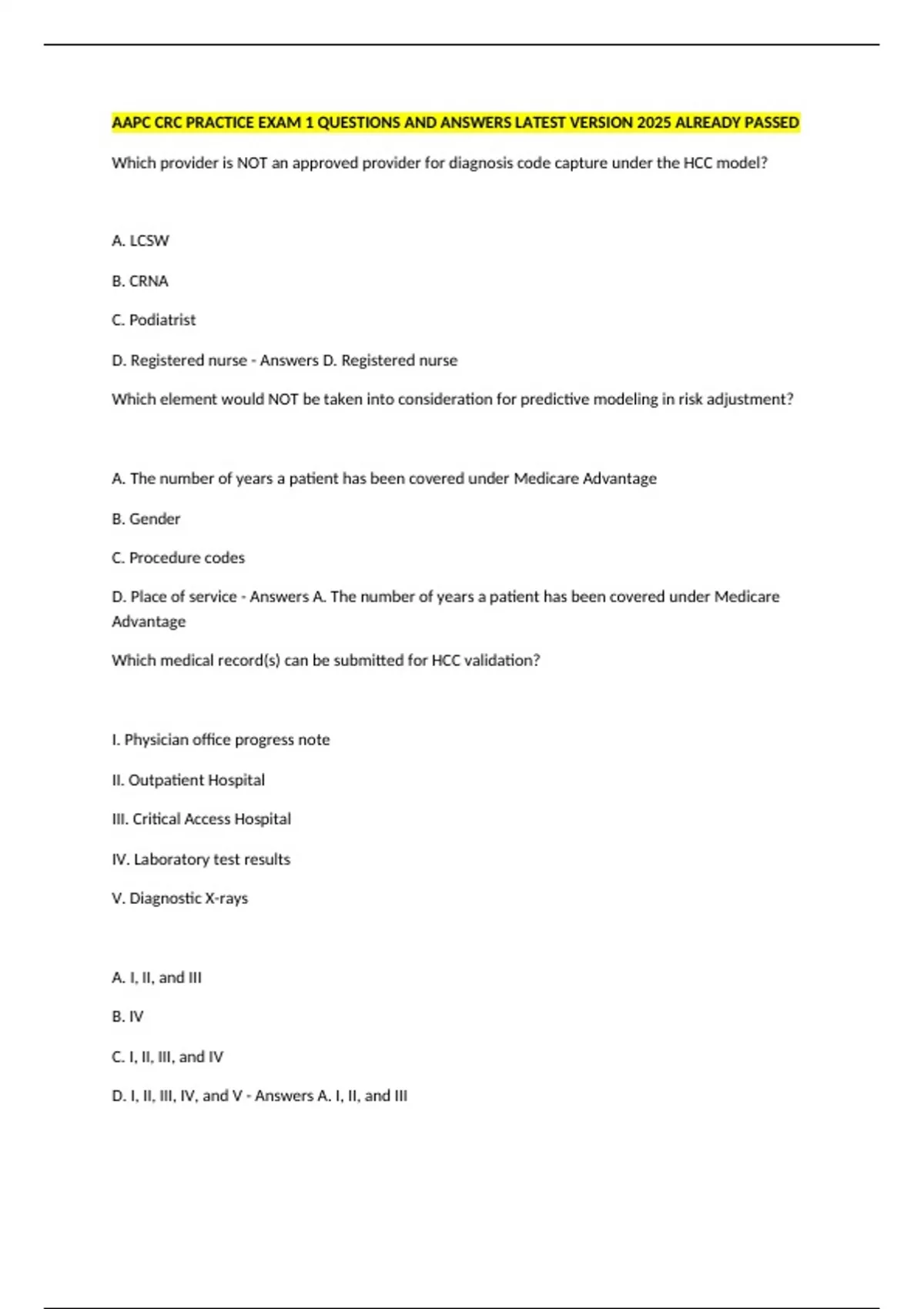AAPC CRC PRACTICE EXAM 1 QUESTIONS AND ANSWERS LATEST VERSION 2025 ...