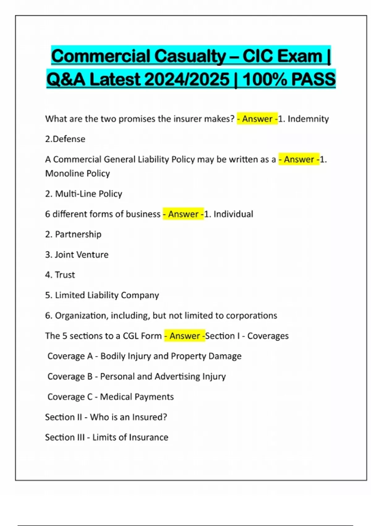Commercial Casualty – CIC Exam | Q&A Latest 2024/2025 | 100% PASS - CIC ...