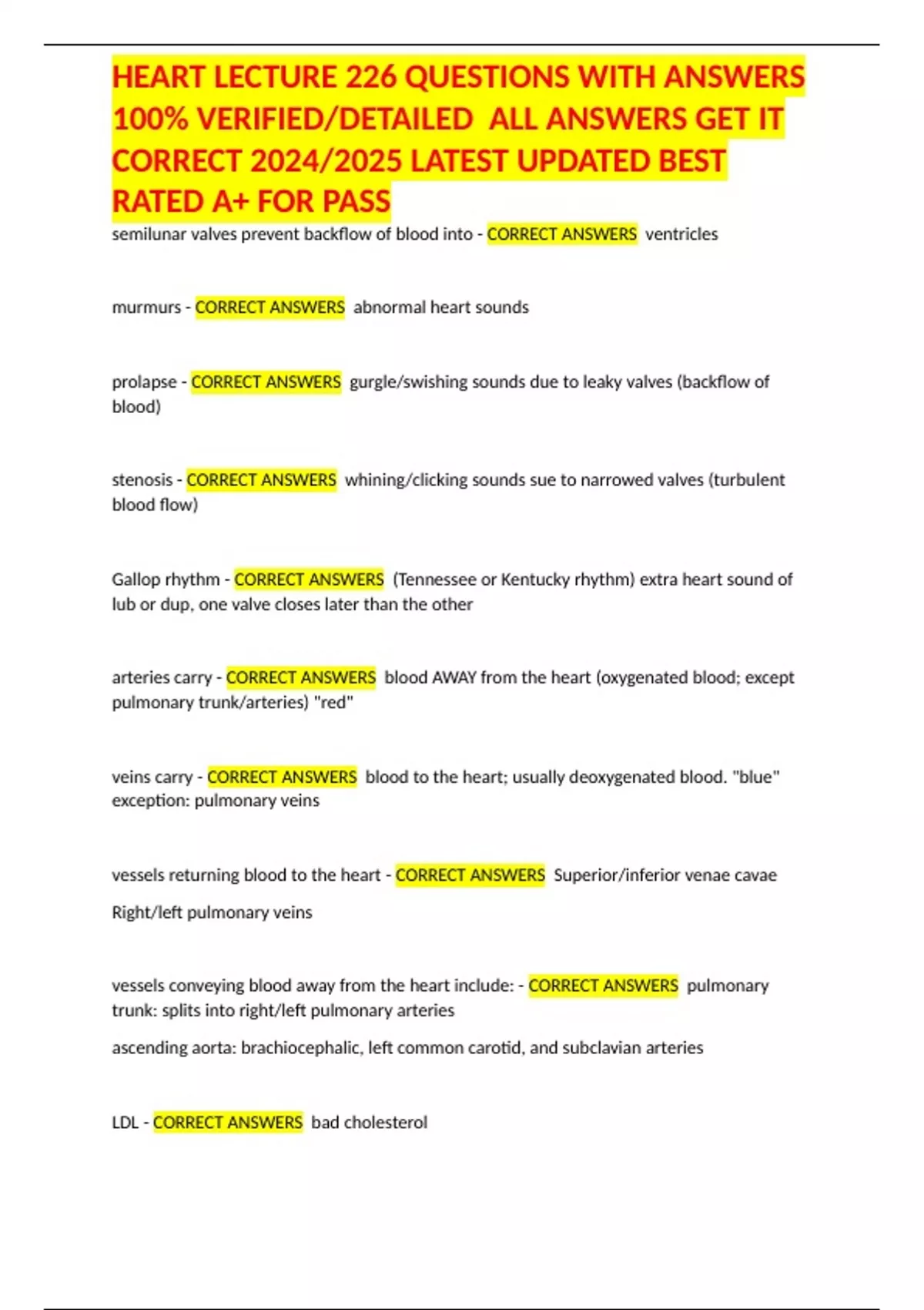 HEART LECTURE 226 QUESTIONS WITH ANSWERS 100% VERIFIED/DETAILED ALL ...