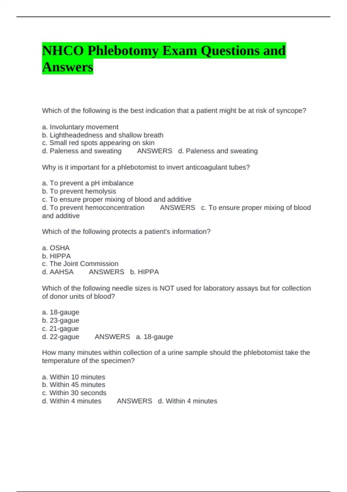 NHCO Phlebotomy Exam Questions and Answers - NHCO Phlebotomy - Stuvia US