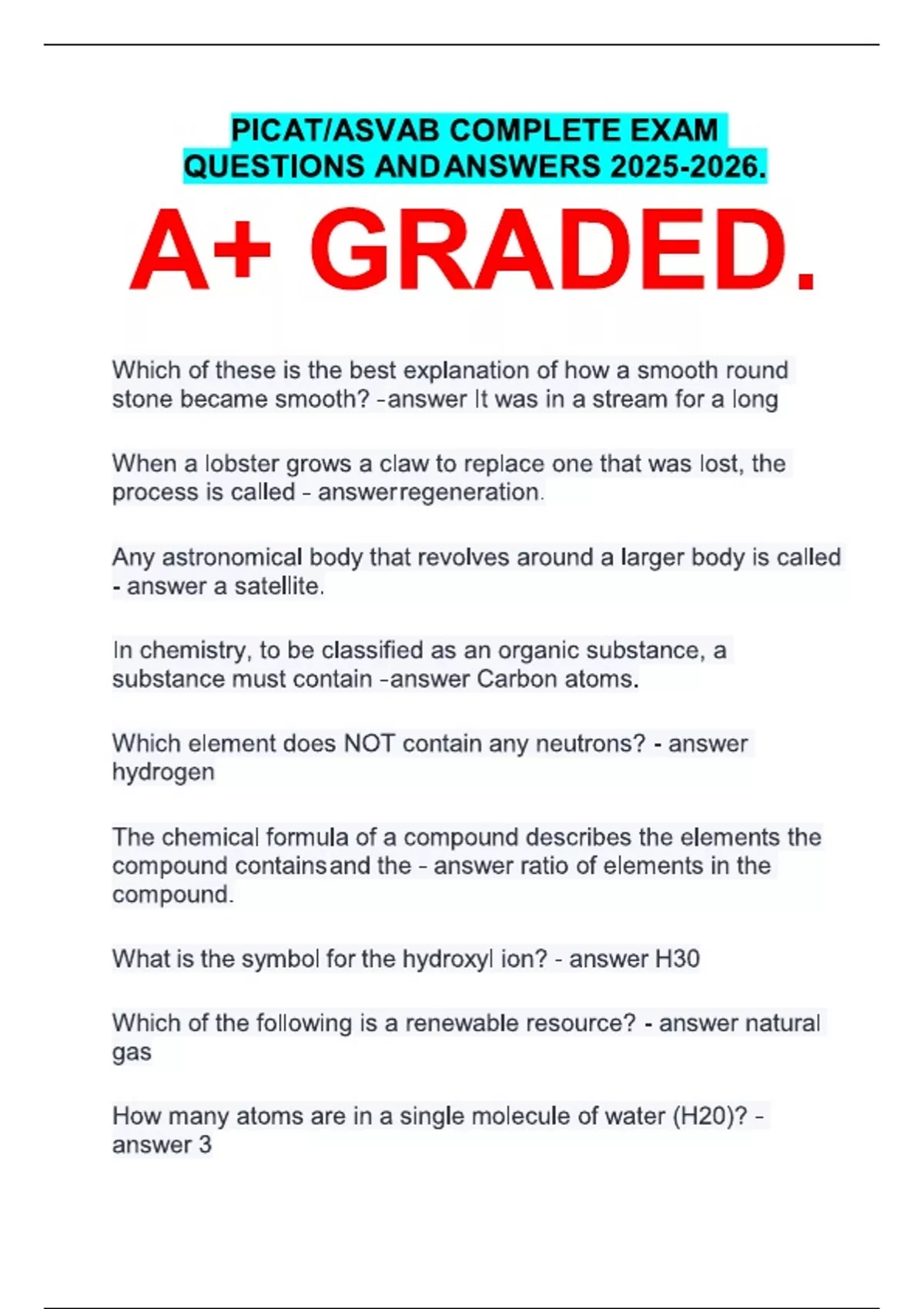PICAT/ASVAB COMPLETE EXAM QUESTIONS AND ANSWERS . A+ GRADED. - PICAT ...