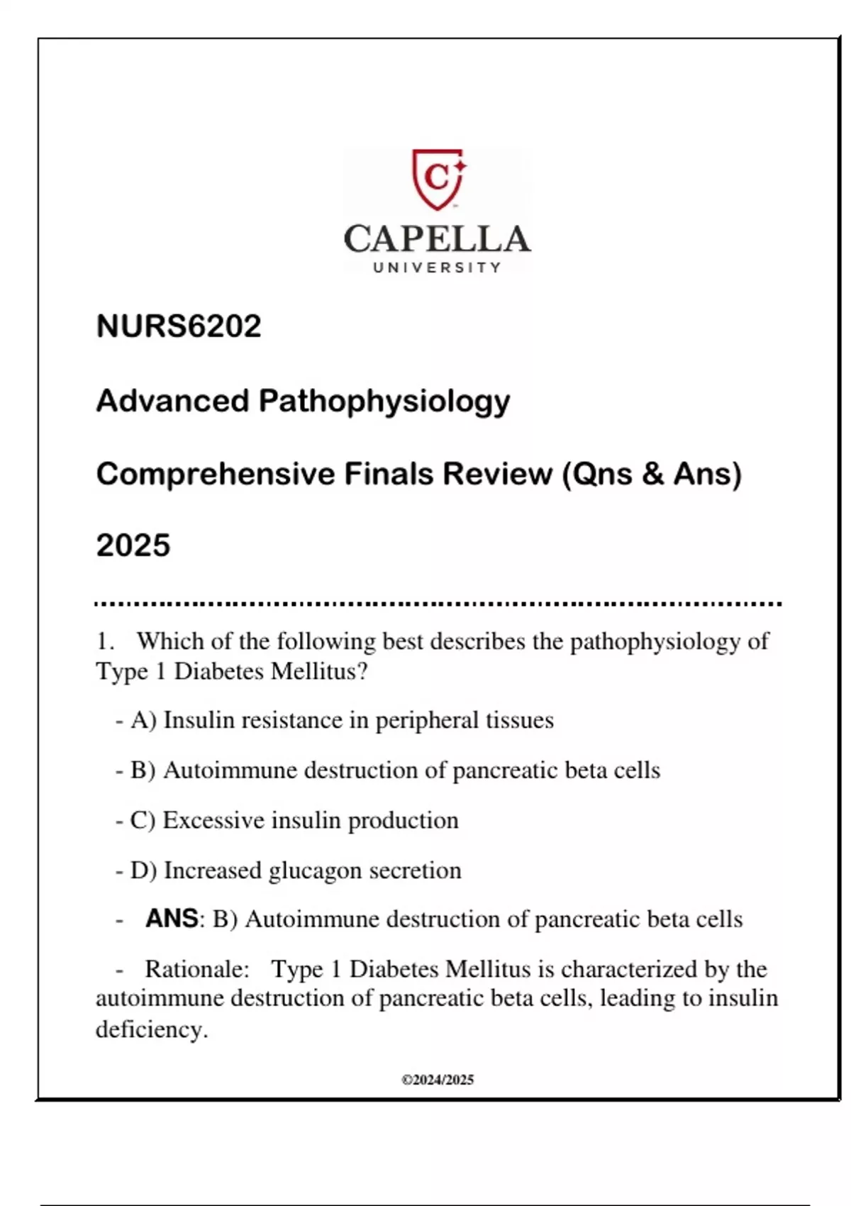 NURS6202 FNP (Advanced Pathophysiology) Comprehensive Finals Review Qns ...