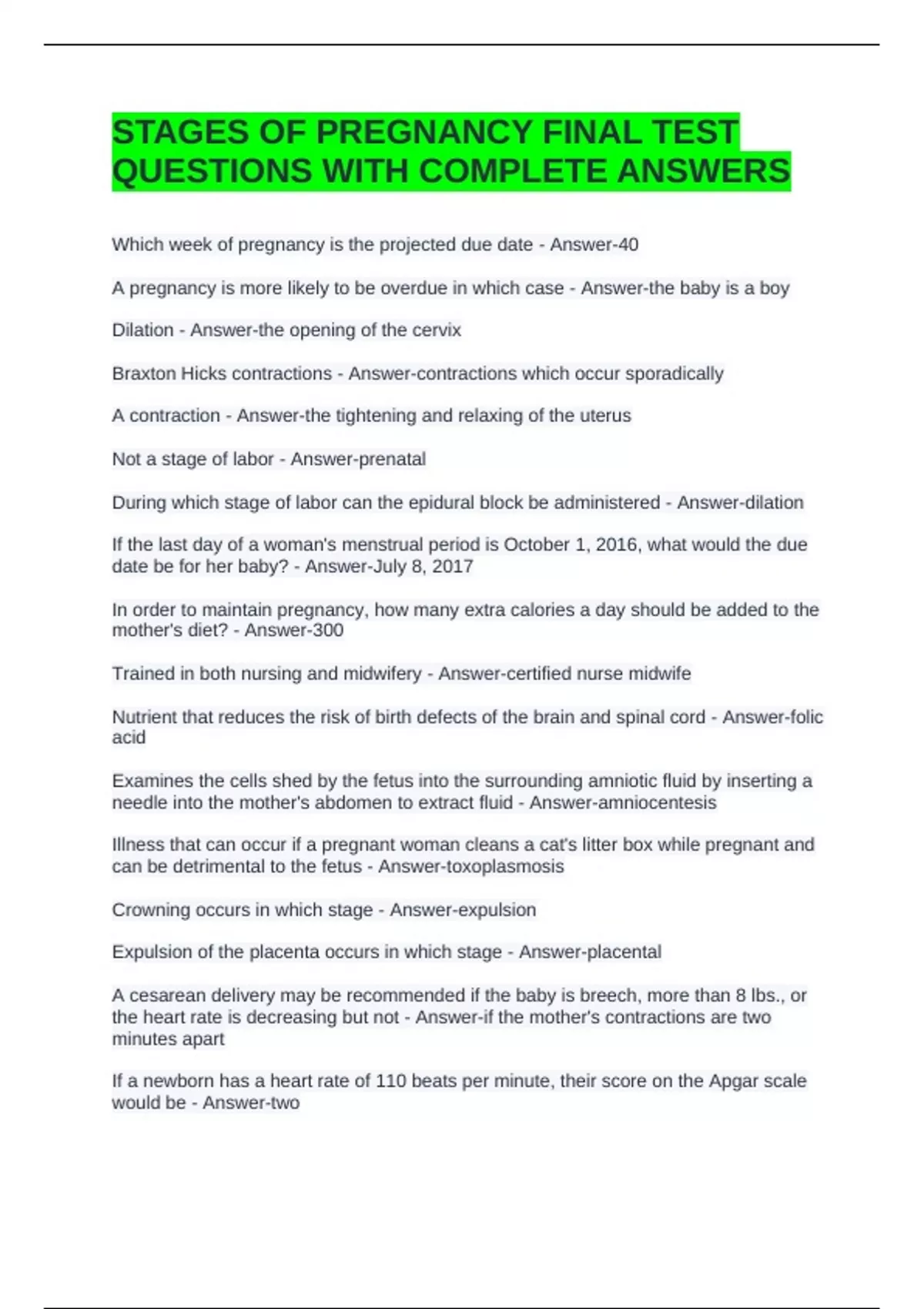 STAGES OF PREGNANCY FINAL TEST QUESTIONS WITH COMPLETE ANSWERS - RNSG ...
