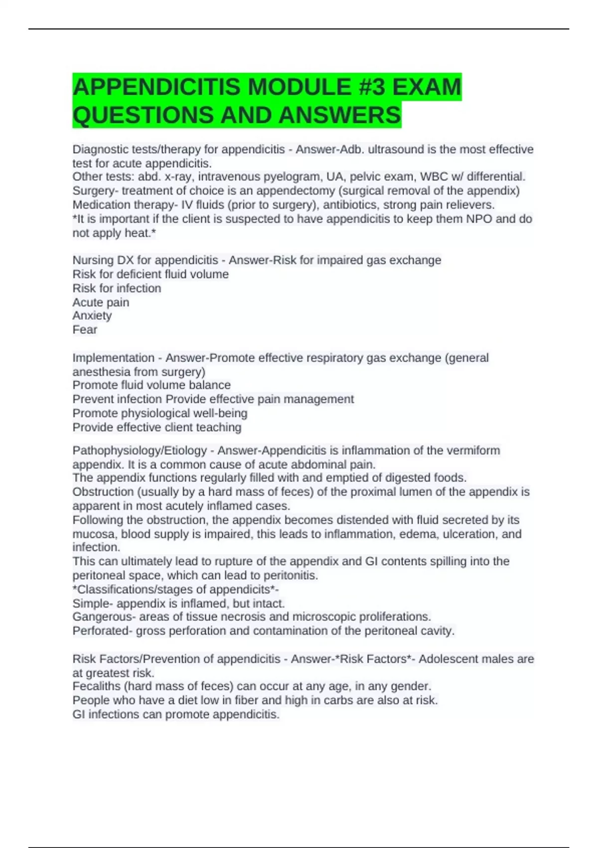 APPENDICITIS MODULE #3 EXAM QUESTIONS AND ANSWERS - Appendicitis - Stuvia US
