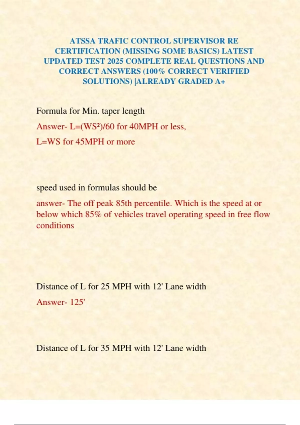 Atssa Trafic Control Supervisor Re Certification Missing Some Basics Latest Updated Test 2025