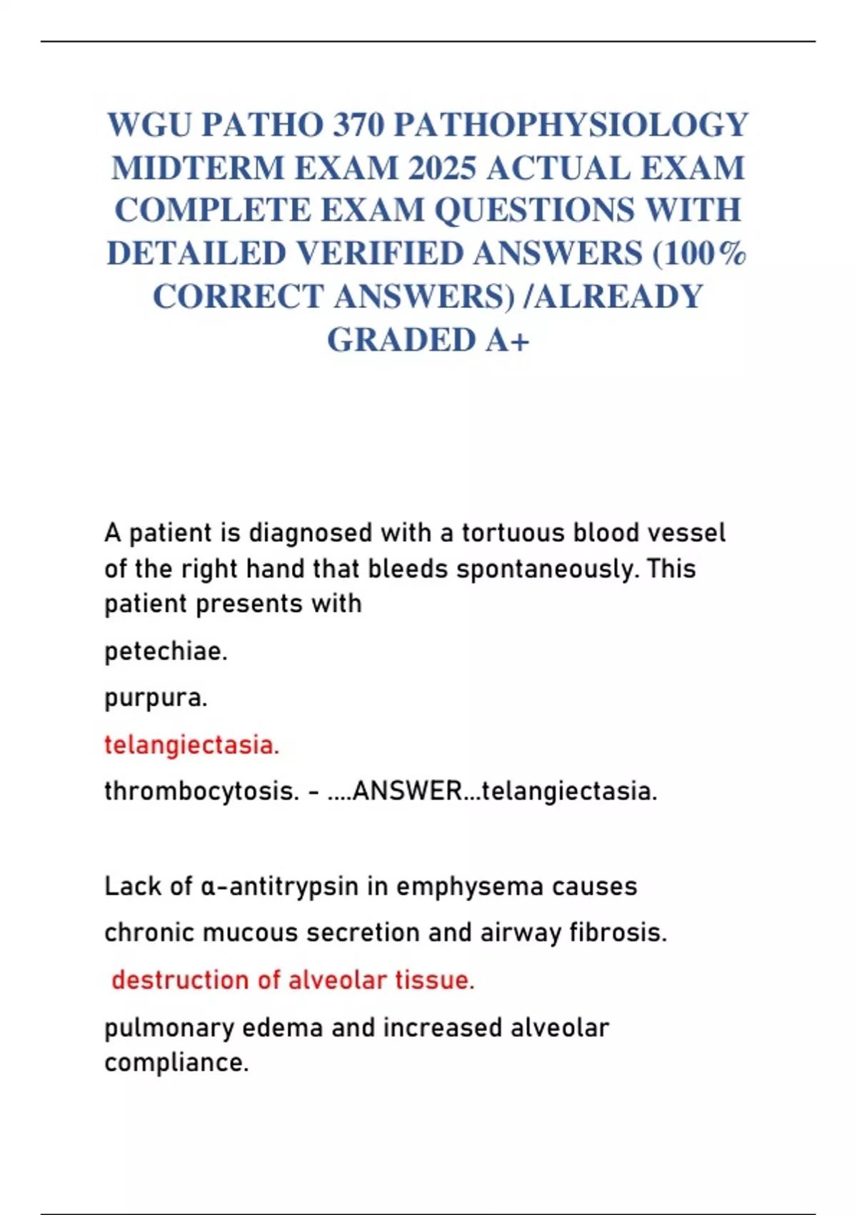 WGU PATHO 370 PATHOPHYSIOLOGY FINAL EXAM 2025 ACTUAL EXAM COMPLETE EXAM QUESTIONS WITH DETAILED ...