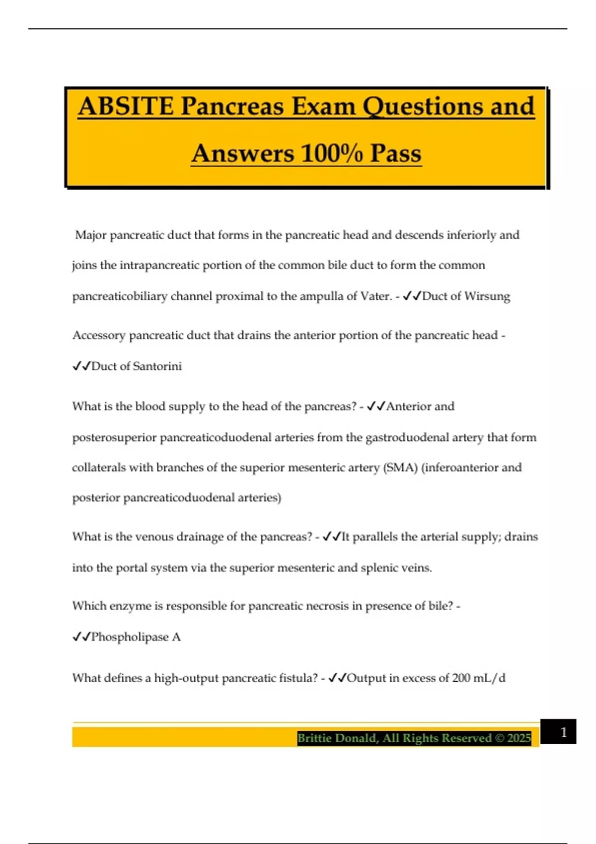 ABSITE Pancreas Exam Questions and Answers 100% Pass - ABSITE - Stuvia US