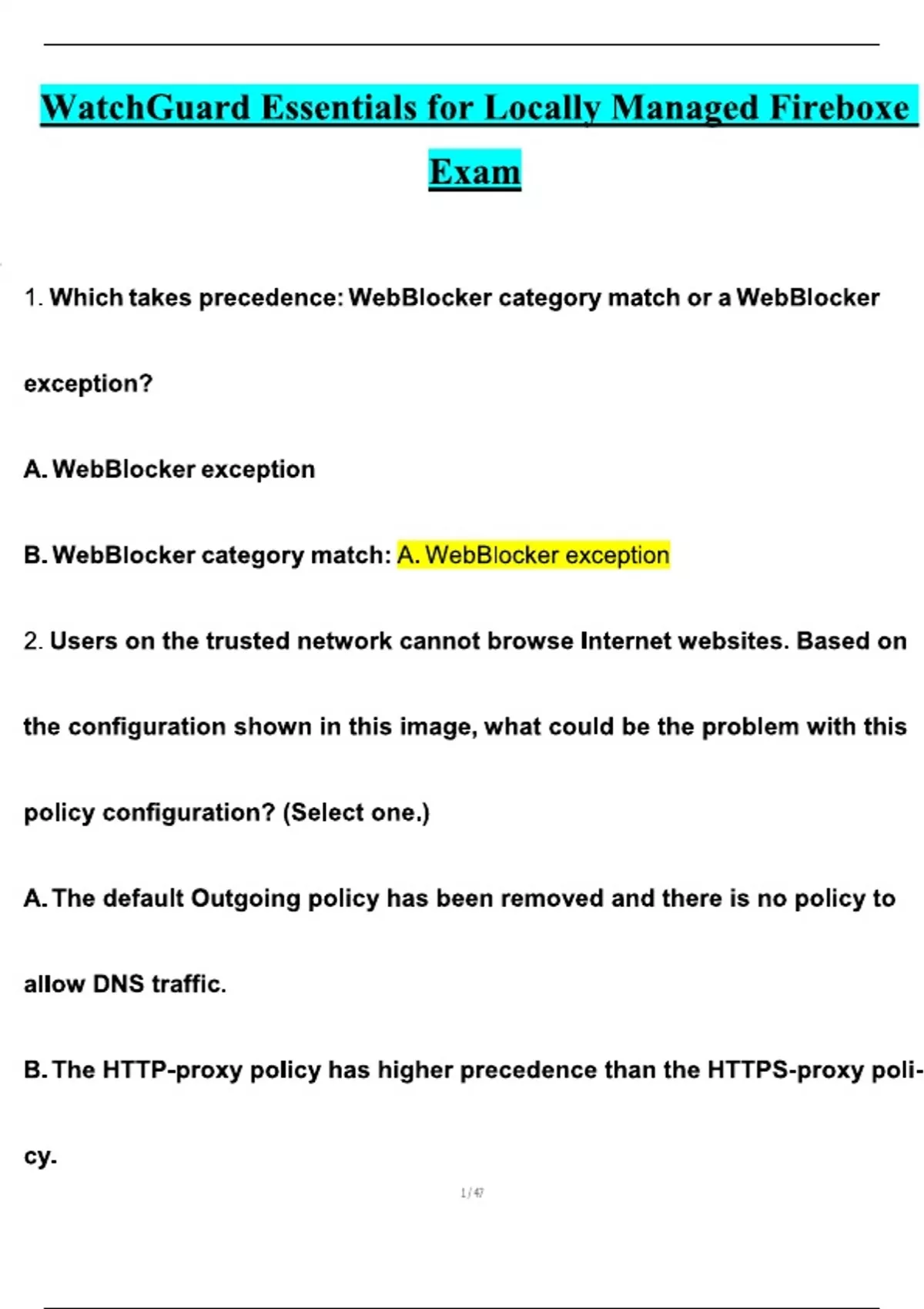 WatchGuard Essentials for Locally Managed Fireboxe Exam Questions and ...
