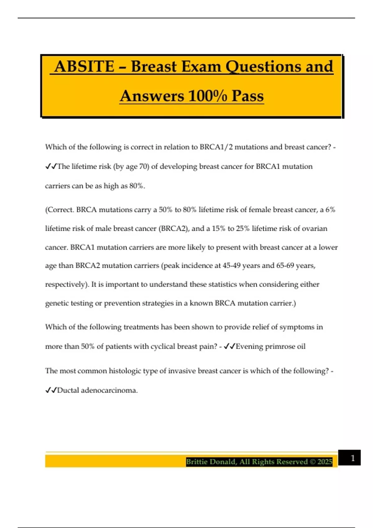 ABSITE – Breast Exam Questions and Answers 100% Pass - ABSITE - Stuvia US
