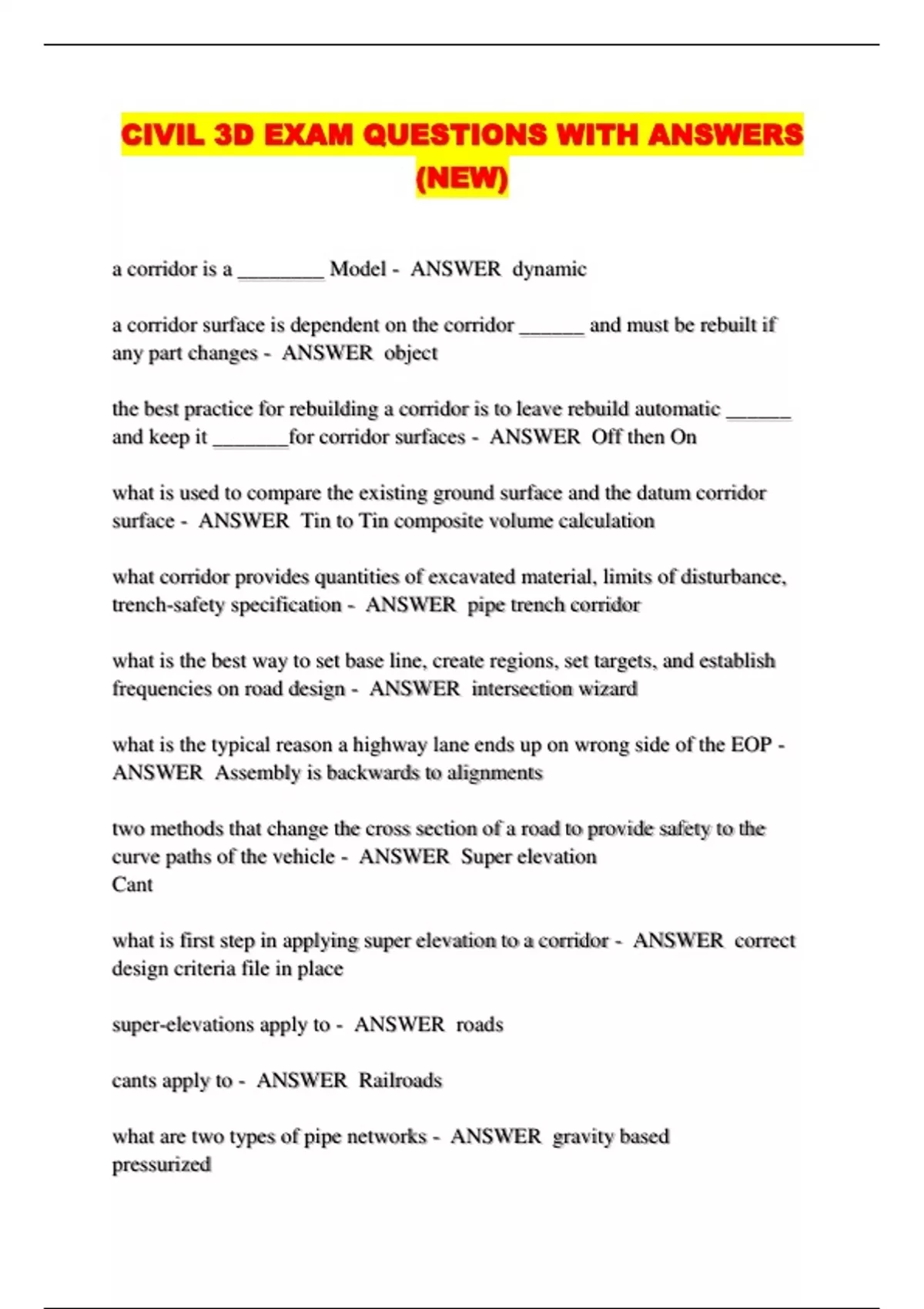 CIVIL 3D EXAM QUESTIONS WITH ANSWERS (NEW) - CIVIL 3D - Stuvia US