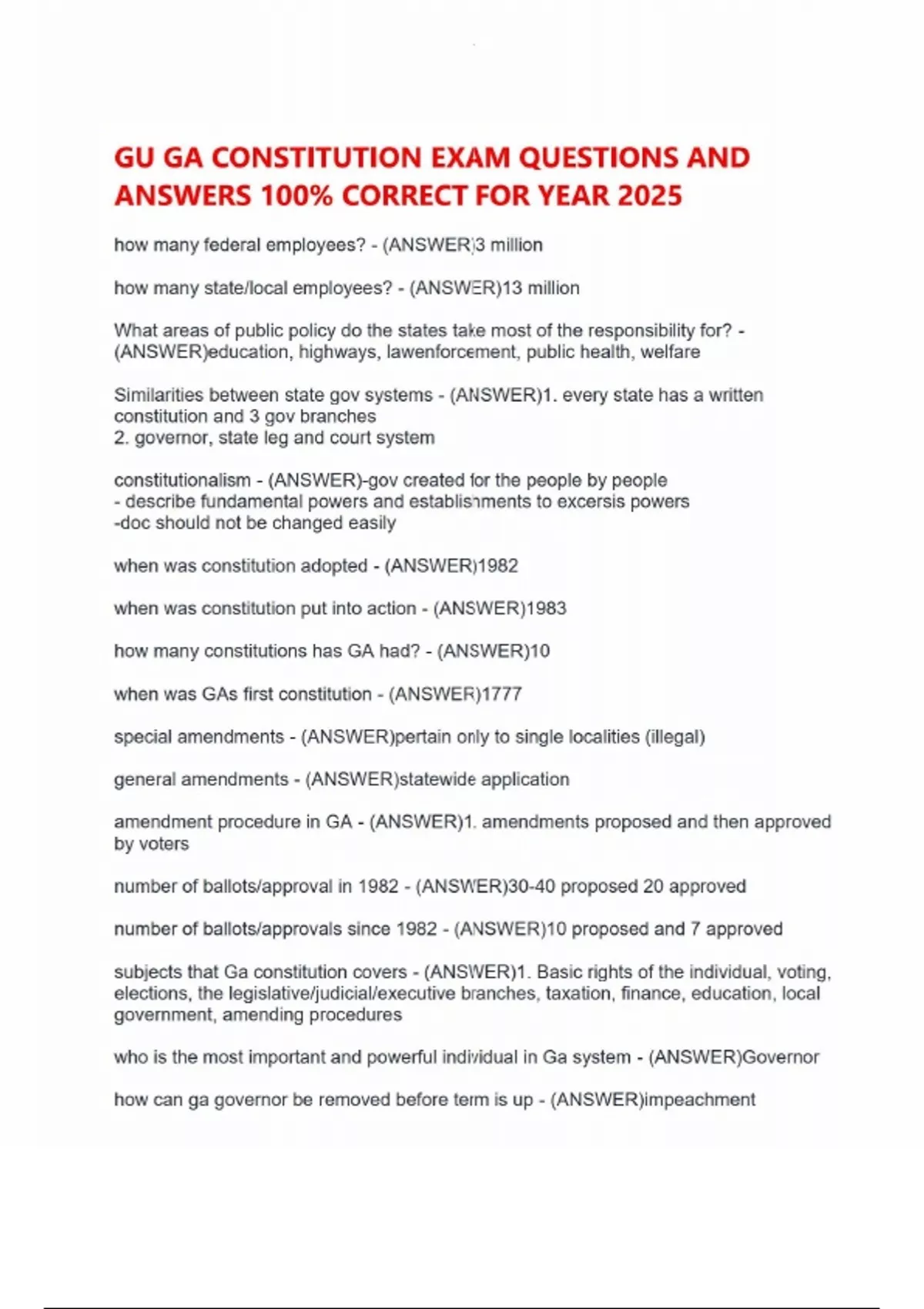 GU GA CONSTITUTION EXAM QUESTIONS AND ANSWERS 100% CORRECT FOR YEAR 2025 - GCSU GA Constitution ...