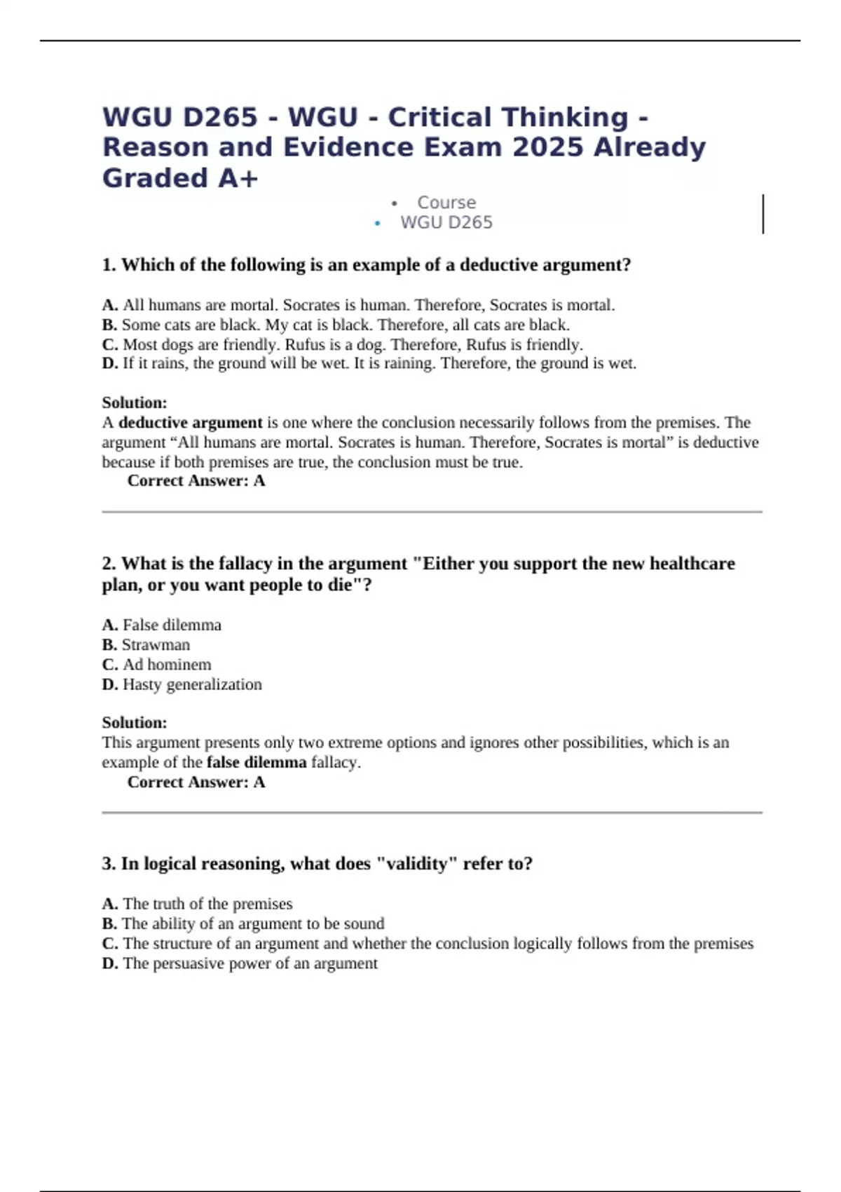 WGU D265 - WGU - Critical Thinking - Reason and Evidence Exam 2025 ...