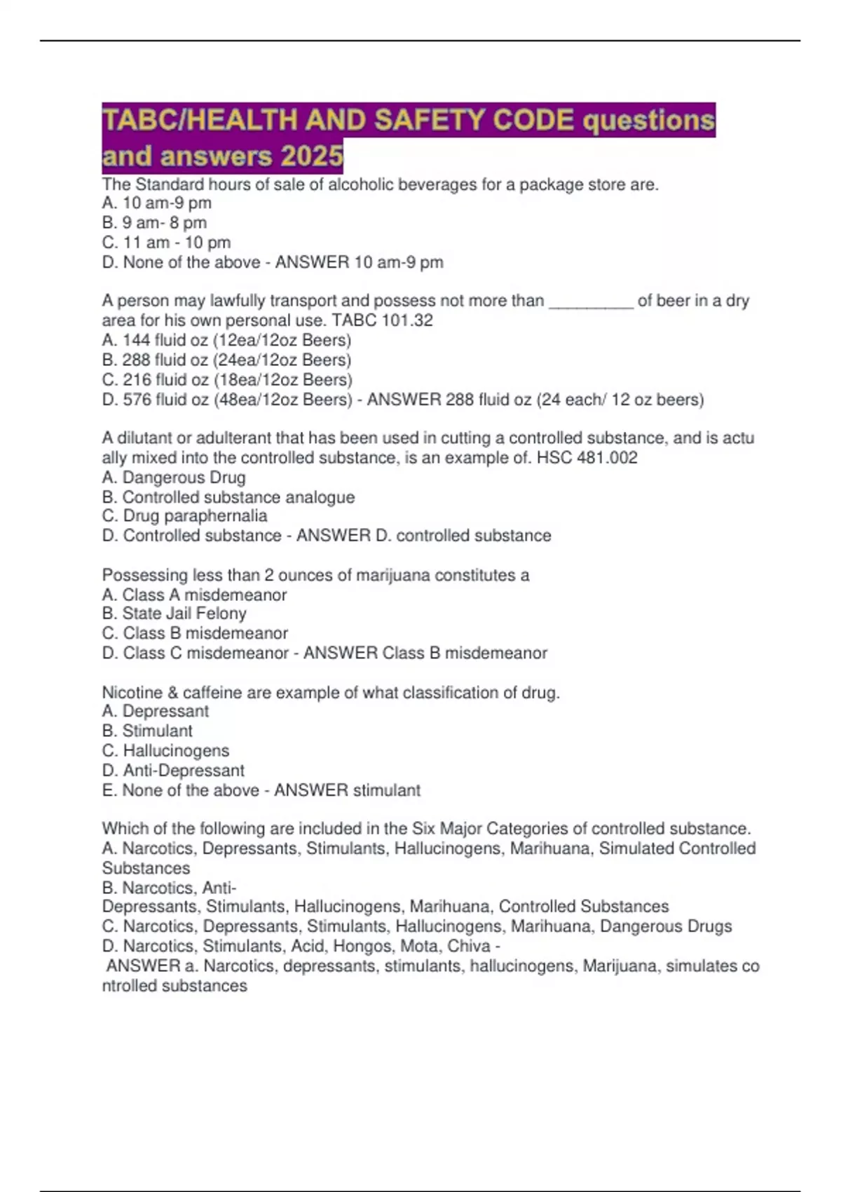 TABC/HEALTH AND SAFETY CODE questions and answers 2025 - Tabc - Stuvia US