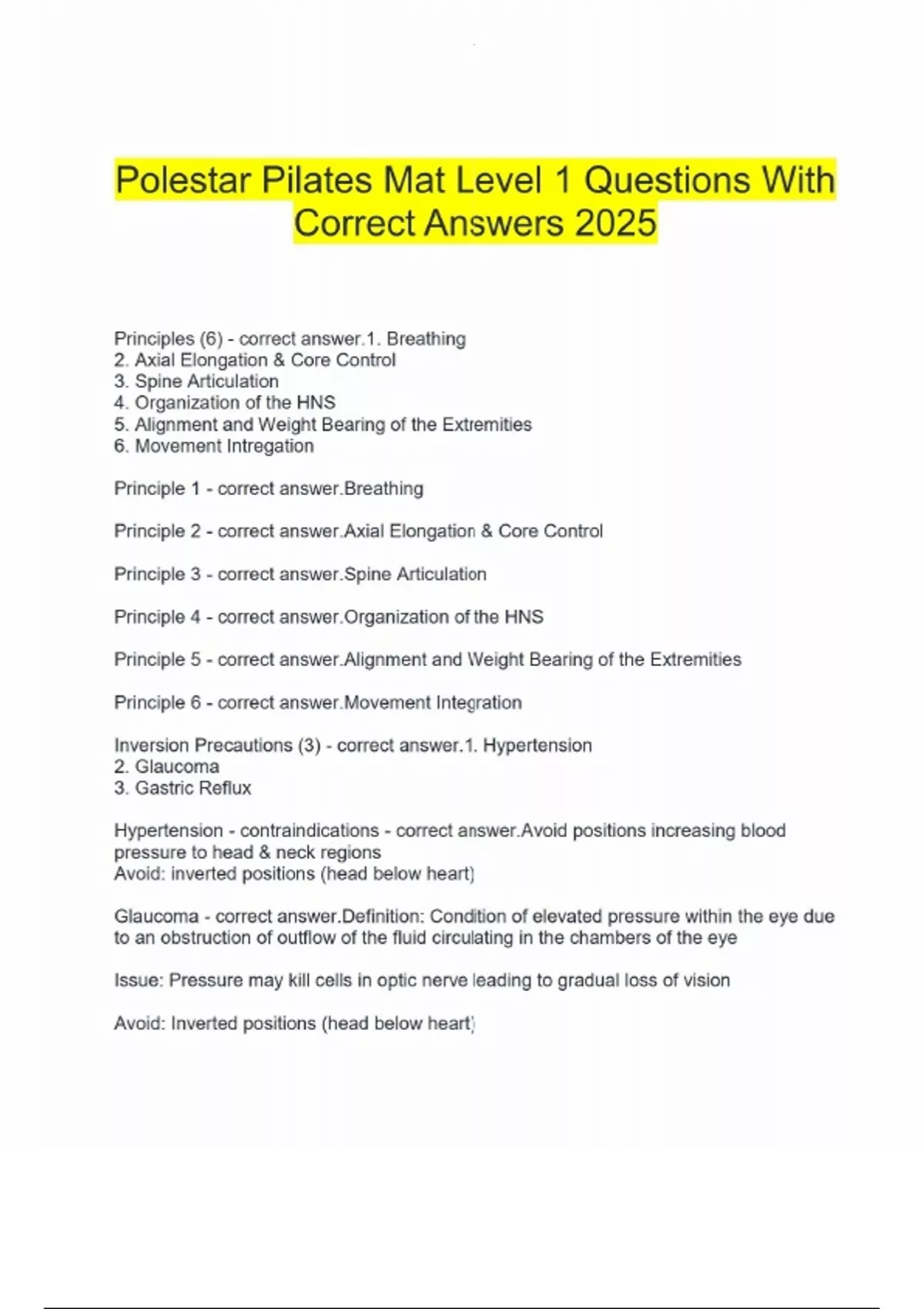 Polestar Pilates Mat Level 1 Questions With Correct Answers 2025 ...