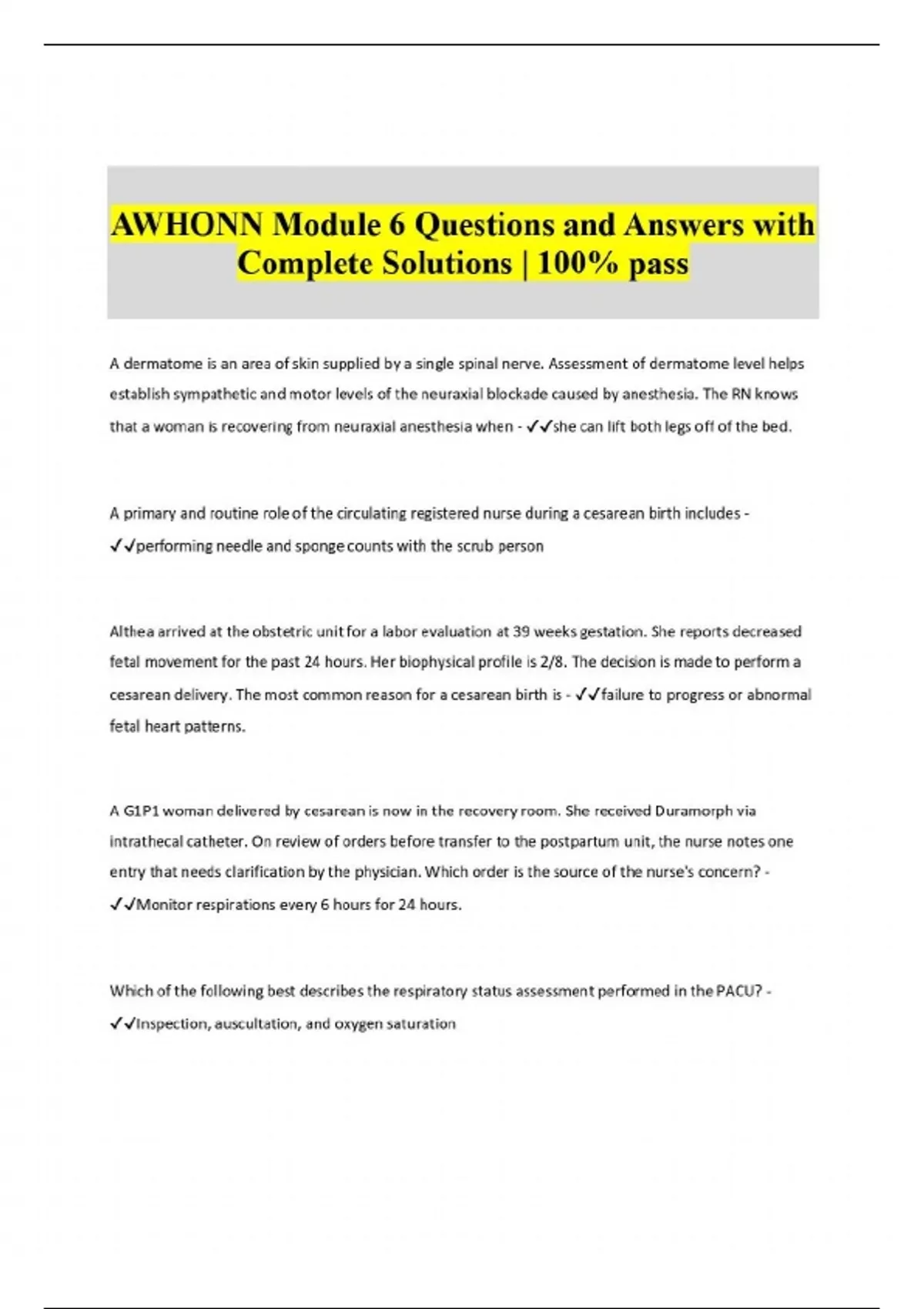 AWHONN Module 6 Questions and Answers with Complete Solutions | 100% ...
