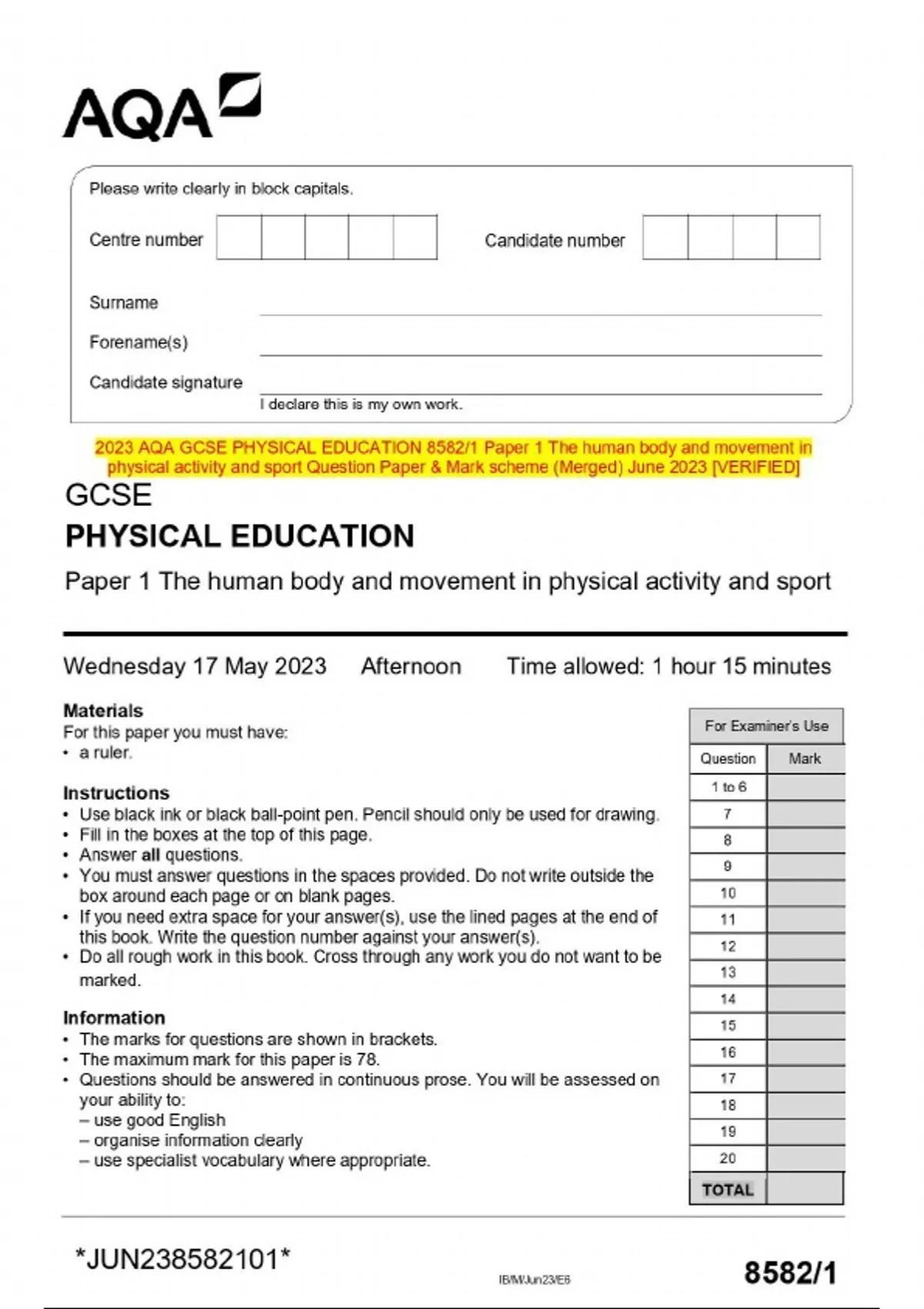 2023 AQA GCSE PHYSICAL EDUCATION 8582/1 Paper 1 The human body and ...