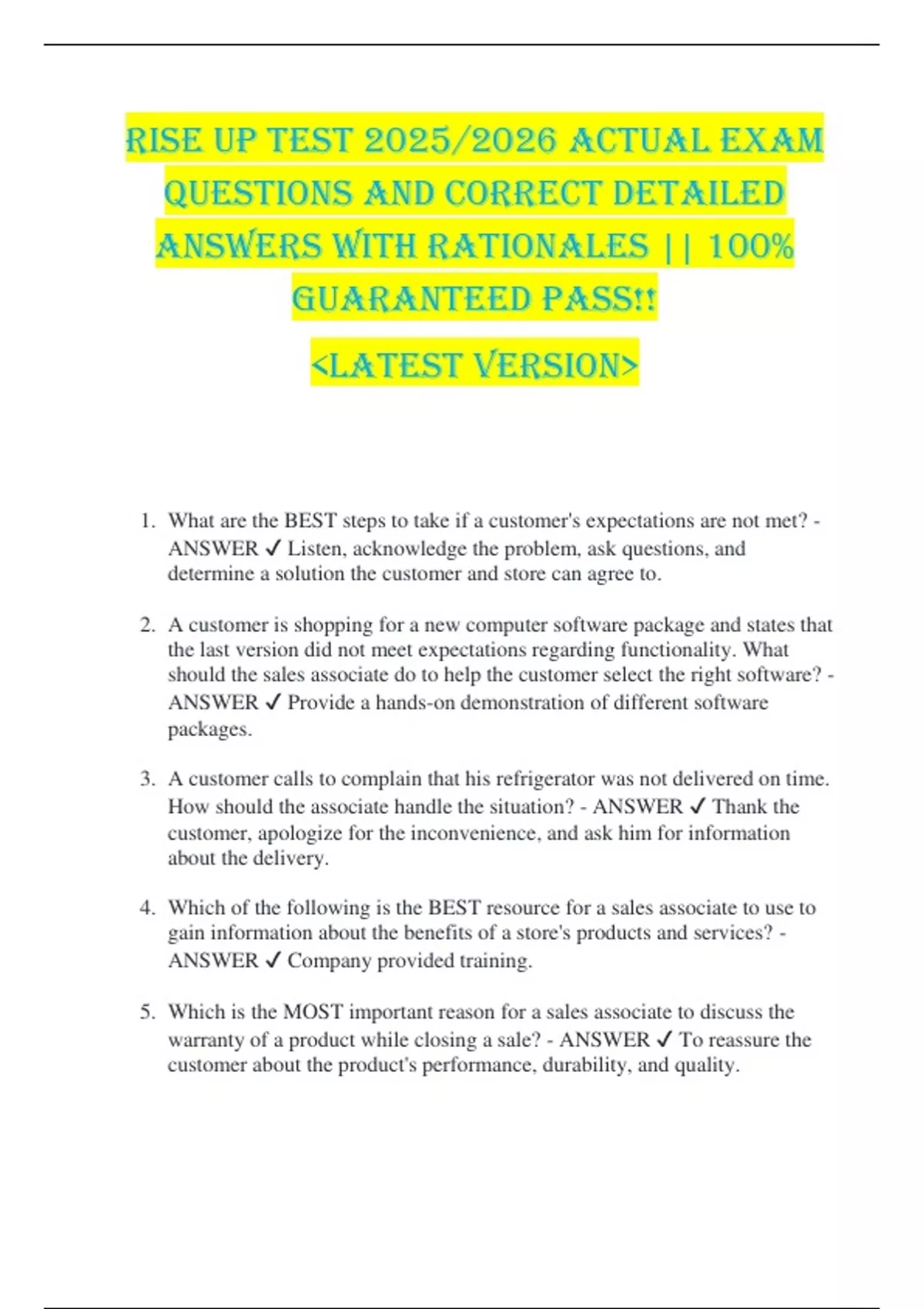 RISE UP TEST 2025/2026 ACTUAL EXAM QUESTIONS AND CORRECT DETAILED ...