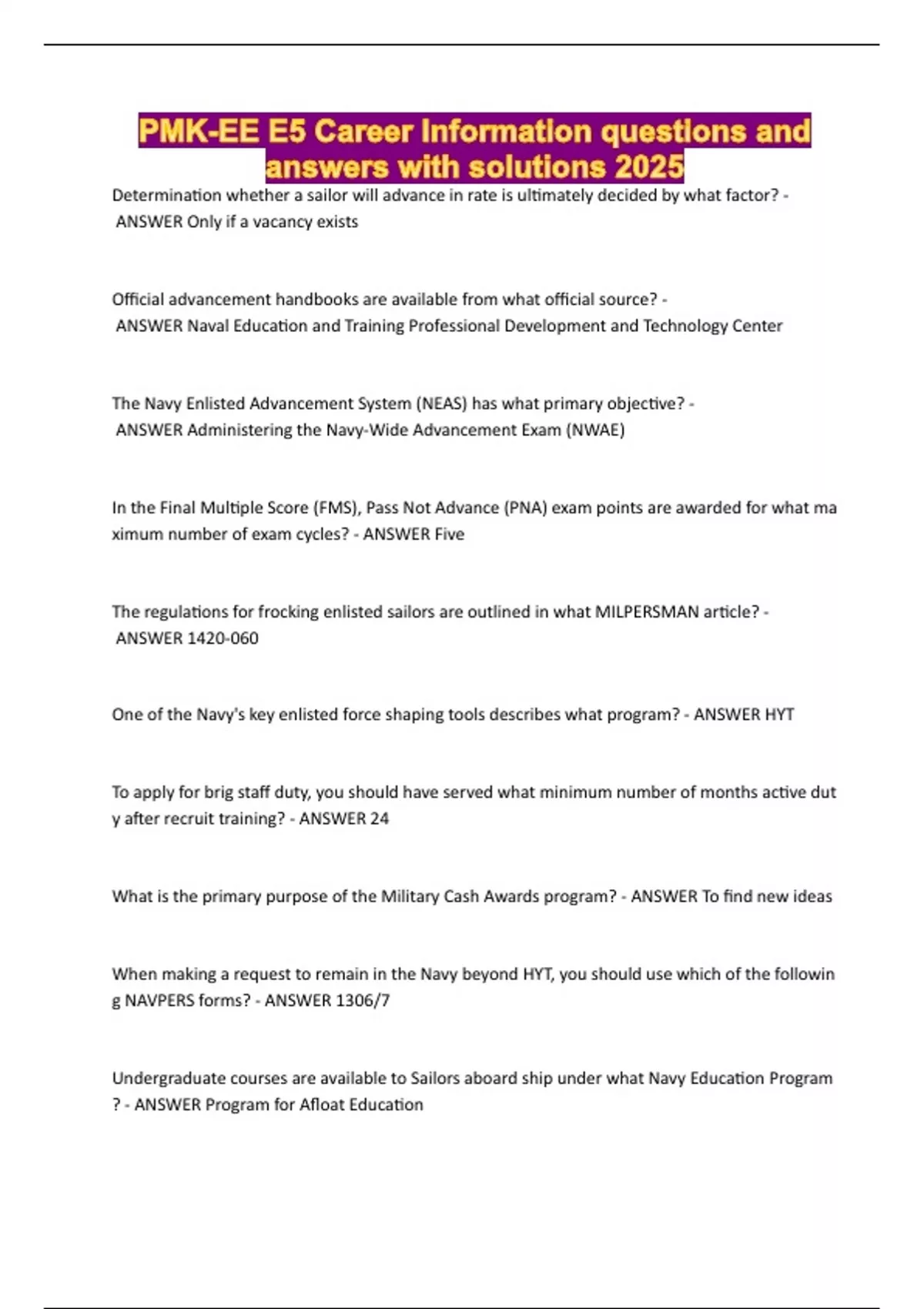 PMK-EE E5 Career Information questions and answers with solutions 2025 ...