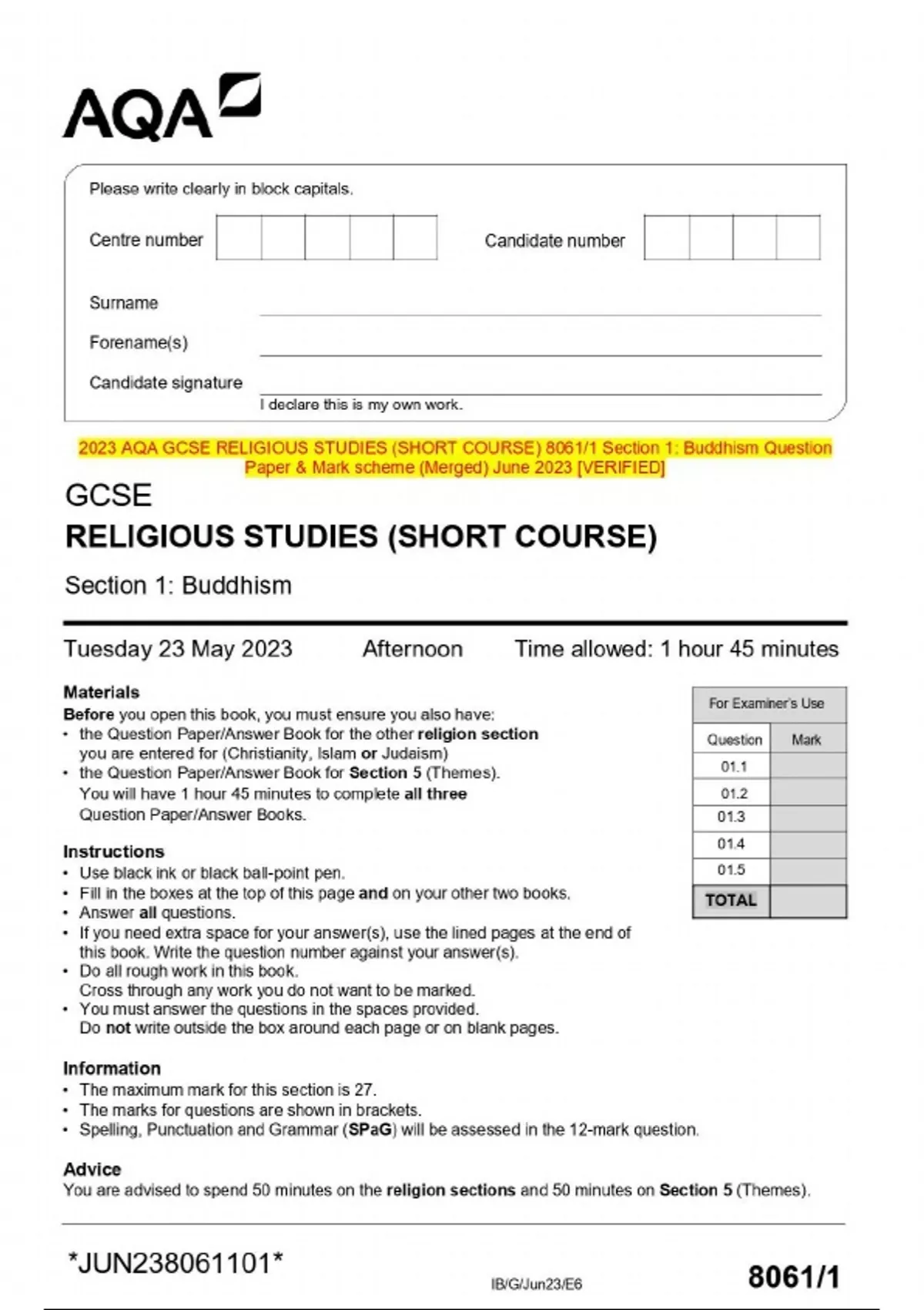 2023 AQA GCSE RELIGIOUS STUDIES (SHORT COURSE) 8061/1 Section 1 ...