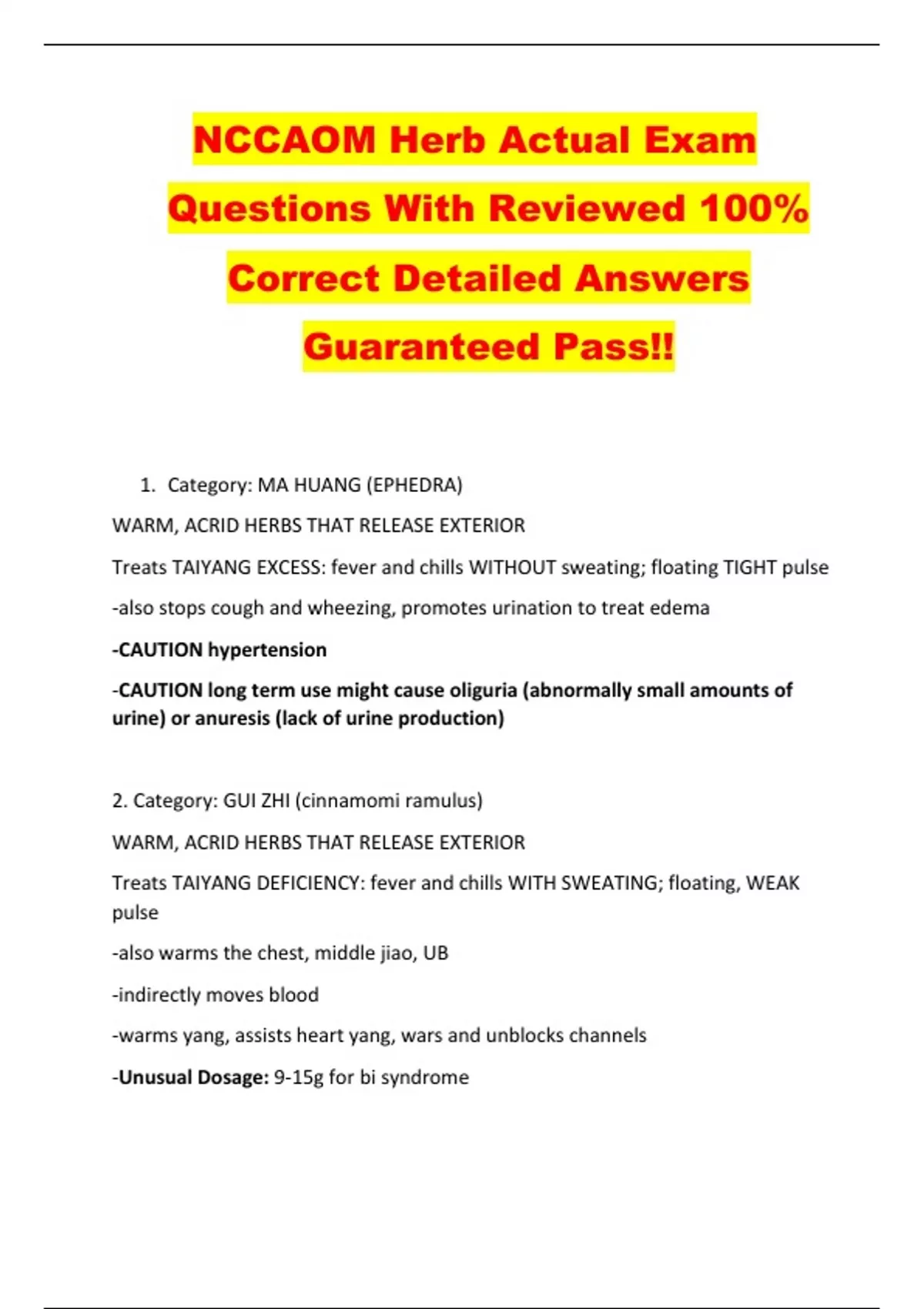 NCCAOM Herb Actual Exam Questions With Reviewed 100% Correct Detailed ...