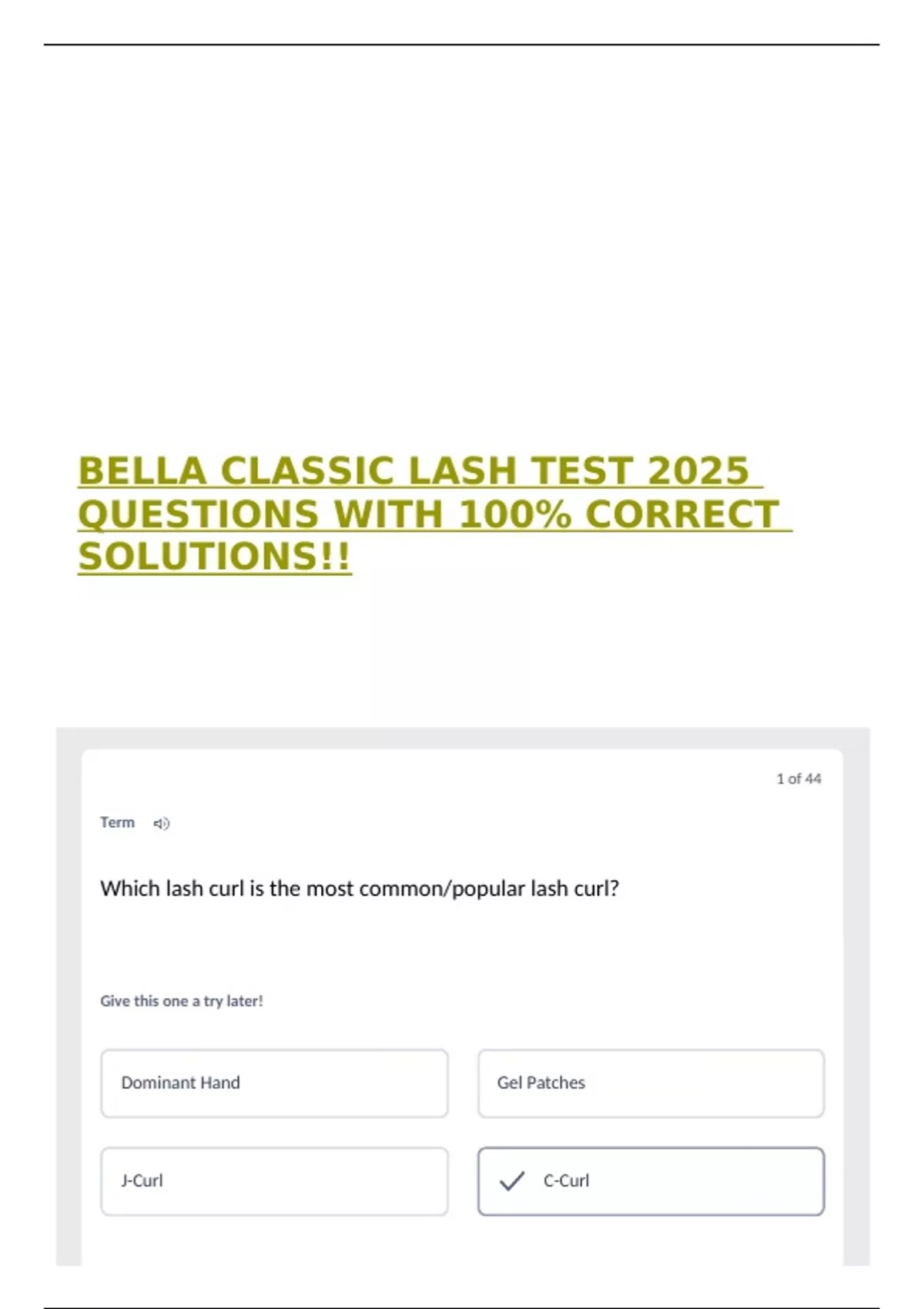BELLA CLASSIC LASH TEST 2025 QUESTIONS WITH 100% CORRECT SOLUTIONS ...