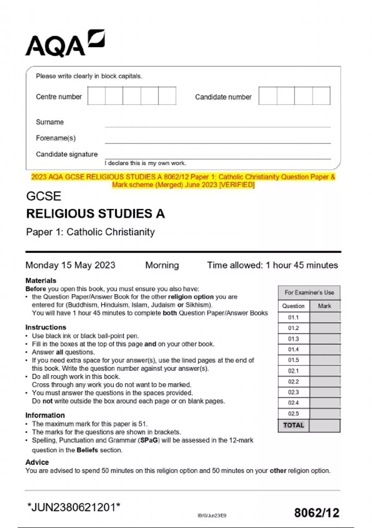 2023 AQA GCSE RELIGIOUS STUDIES A 8062/12 Paper 1: Catholic ...