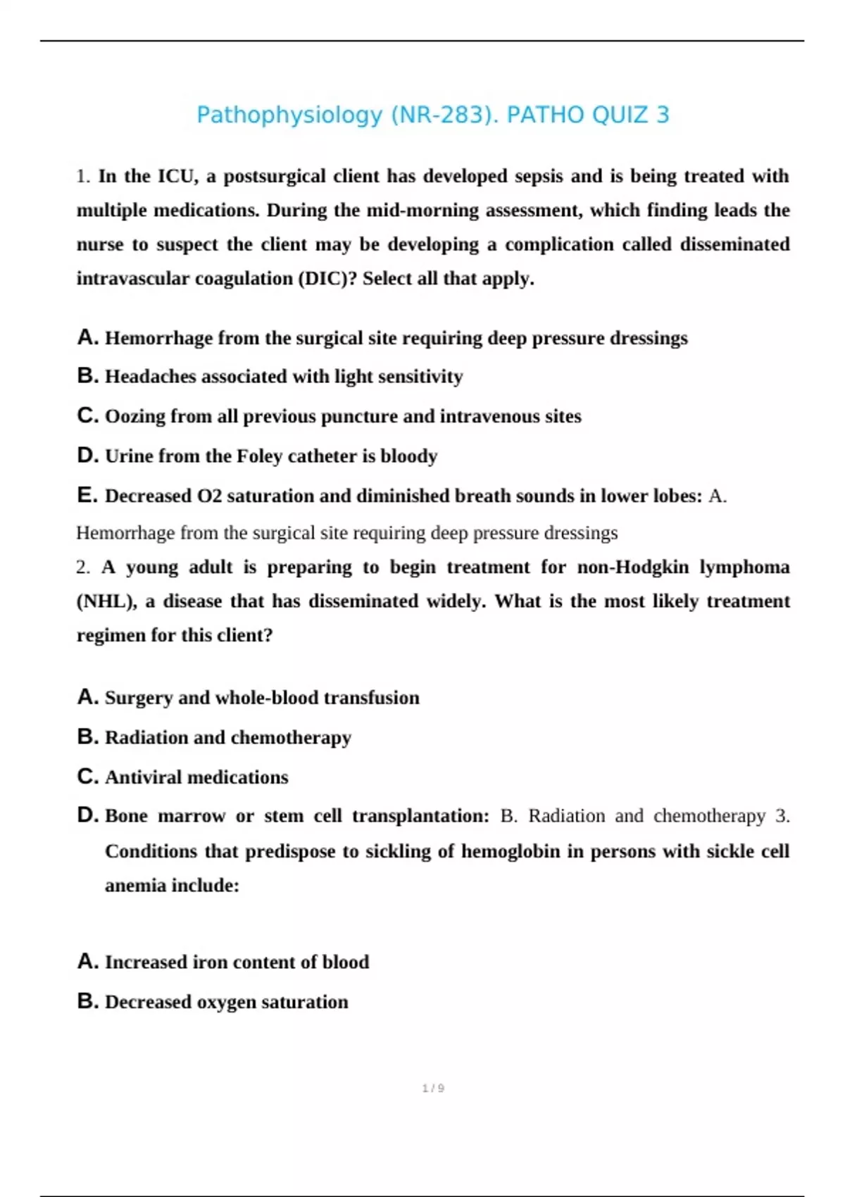Pathophysiology (NR-283). PATHO QUIZ 3. correct verified answers with ...